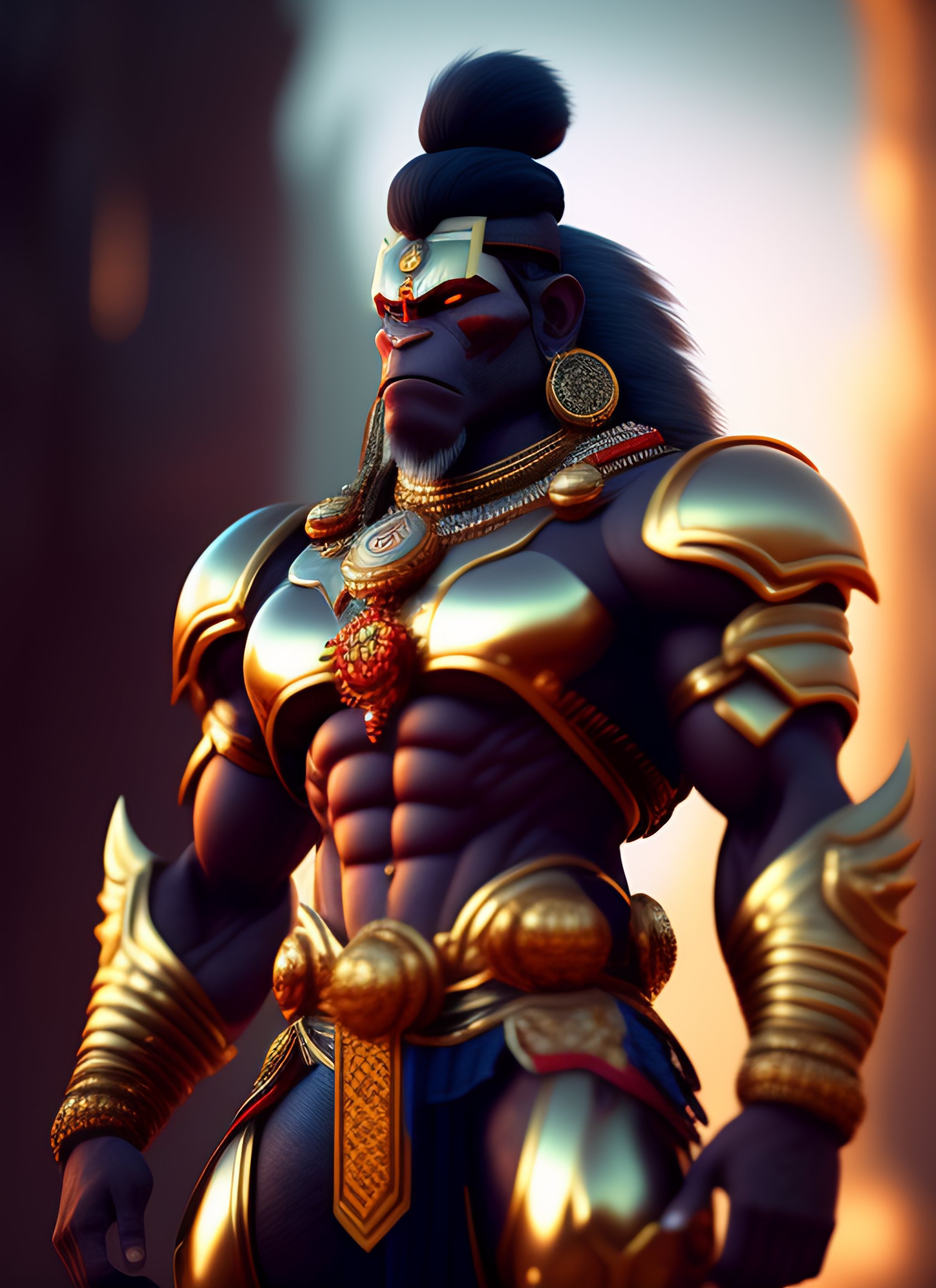 Lexica - Portrait of a cybernetic Hanuman with gada, gray hair fur, abs ...