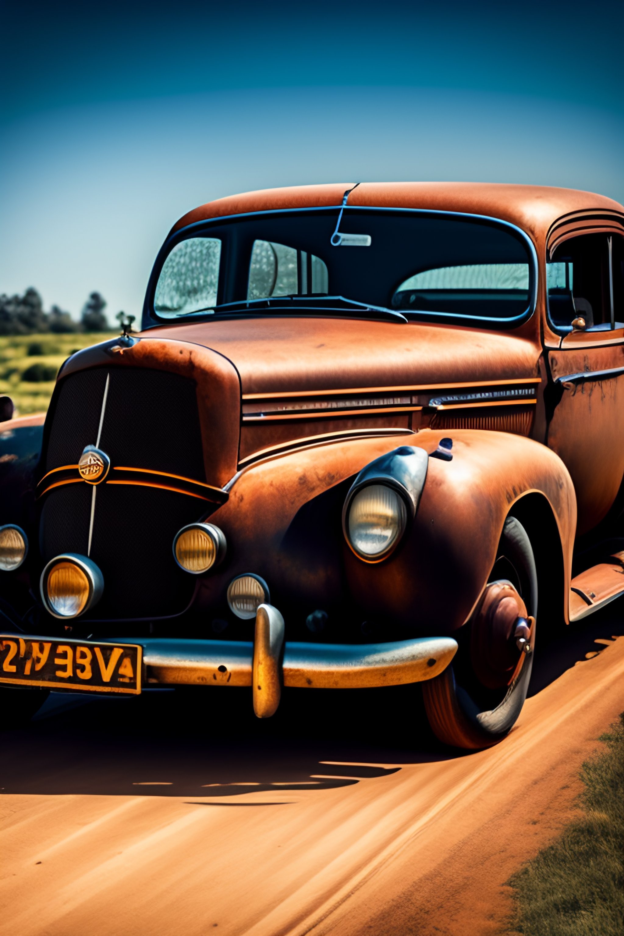 Lexica - Steampunk Volvo V60, old and rusty, with flat tyres.