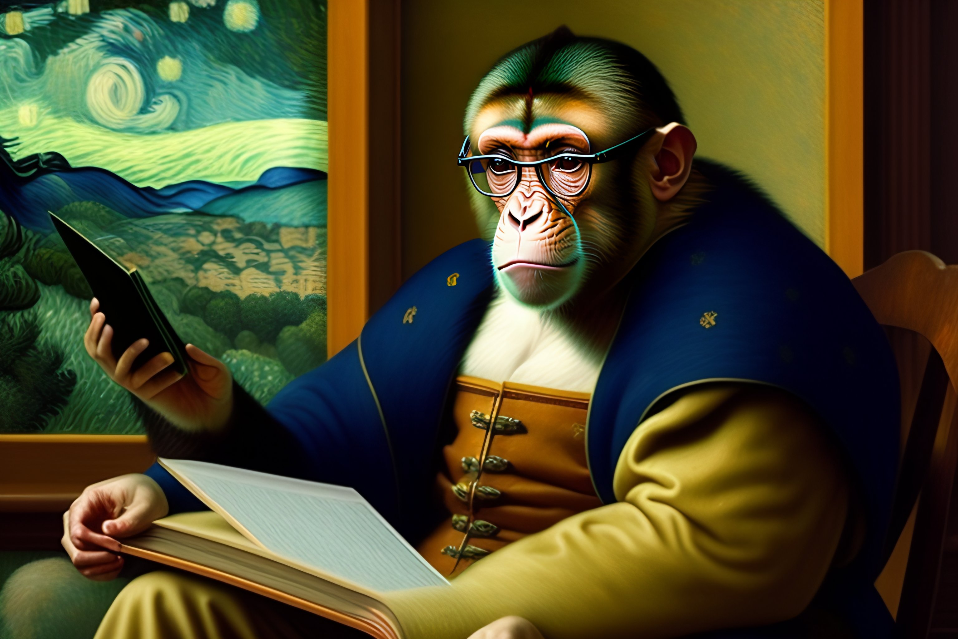 Lexica - Intelectual monkey reading a book with glasses renaissance painting, van gogh