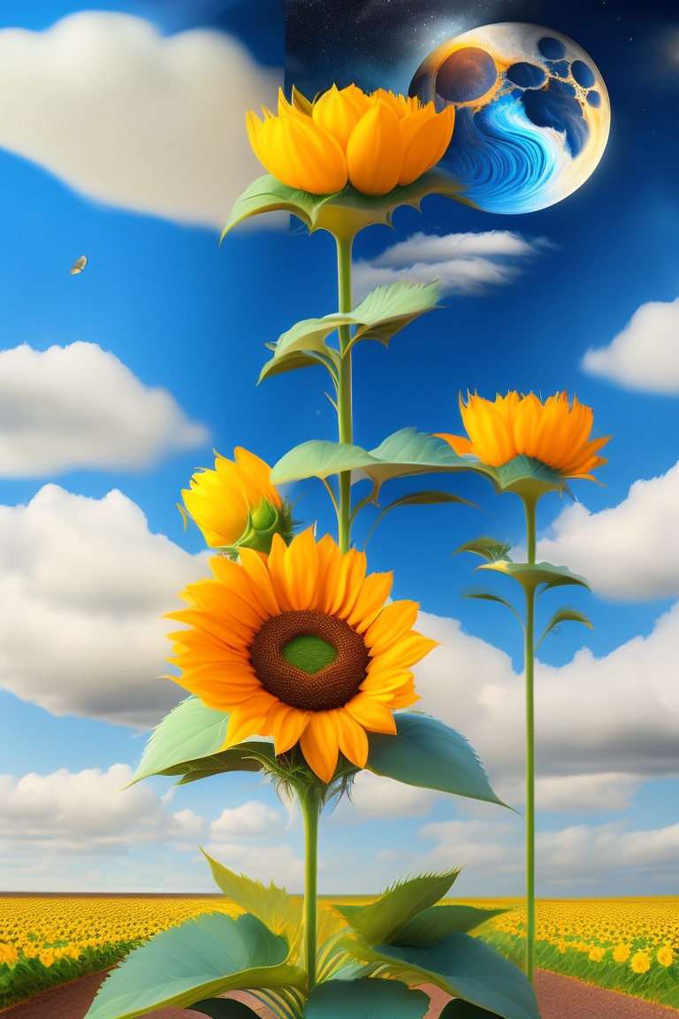 Lexica - 3D Surrealism, sunflowers, Van Gogh sky