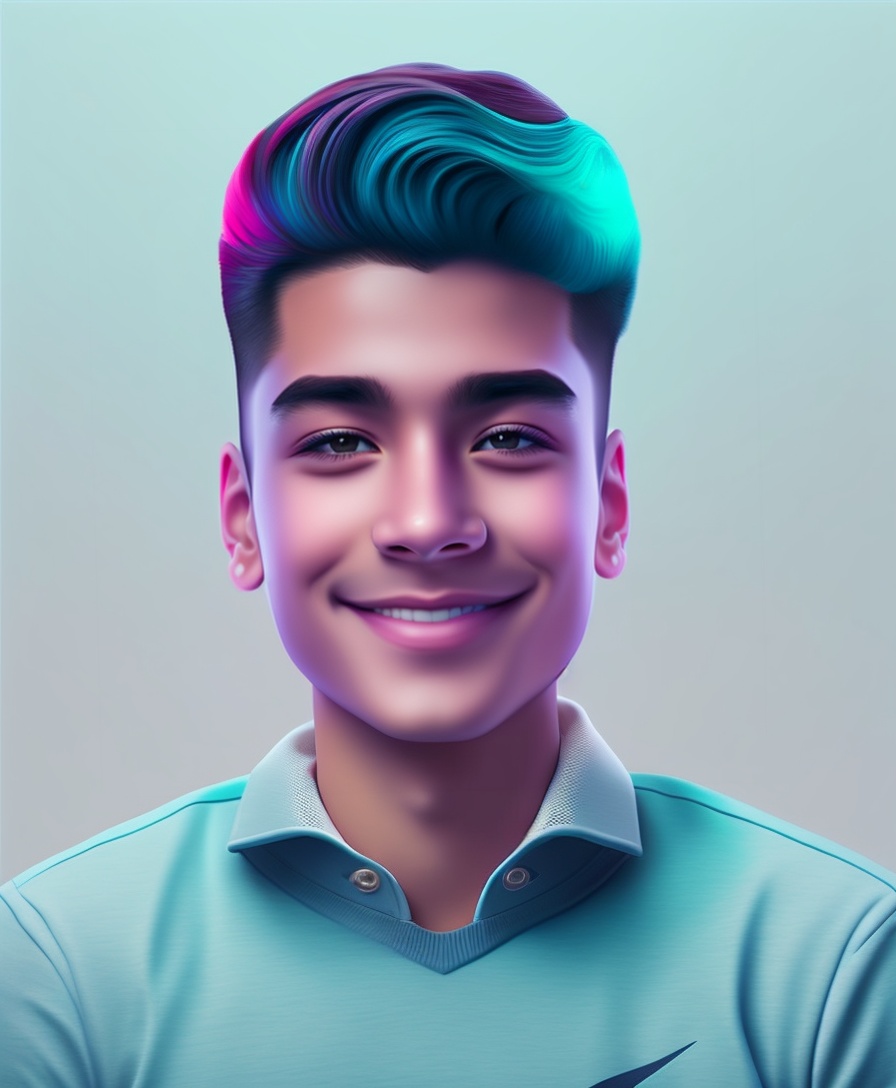 Lexica - 20 year boy, little smile, pink nad Cyan colour t-shirt, --ar 2:3