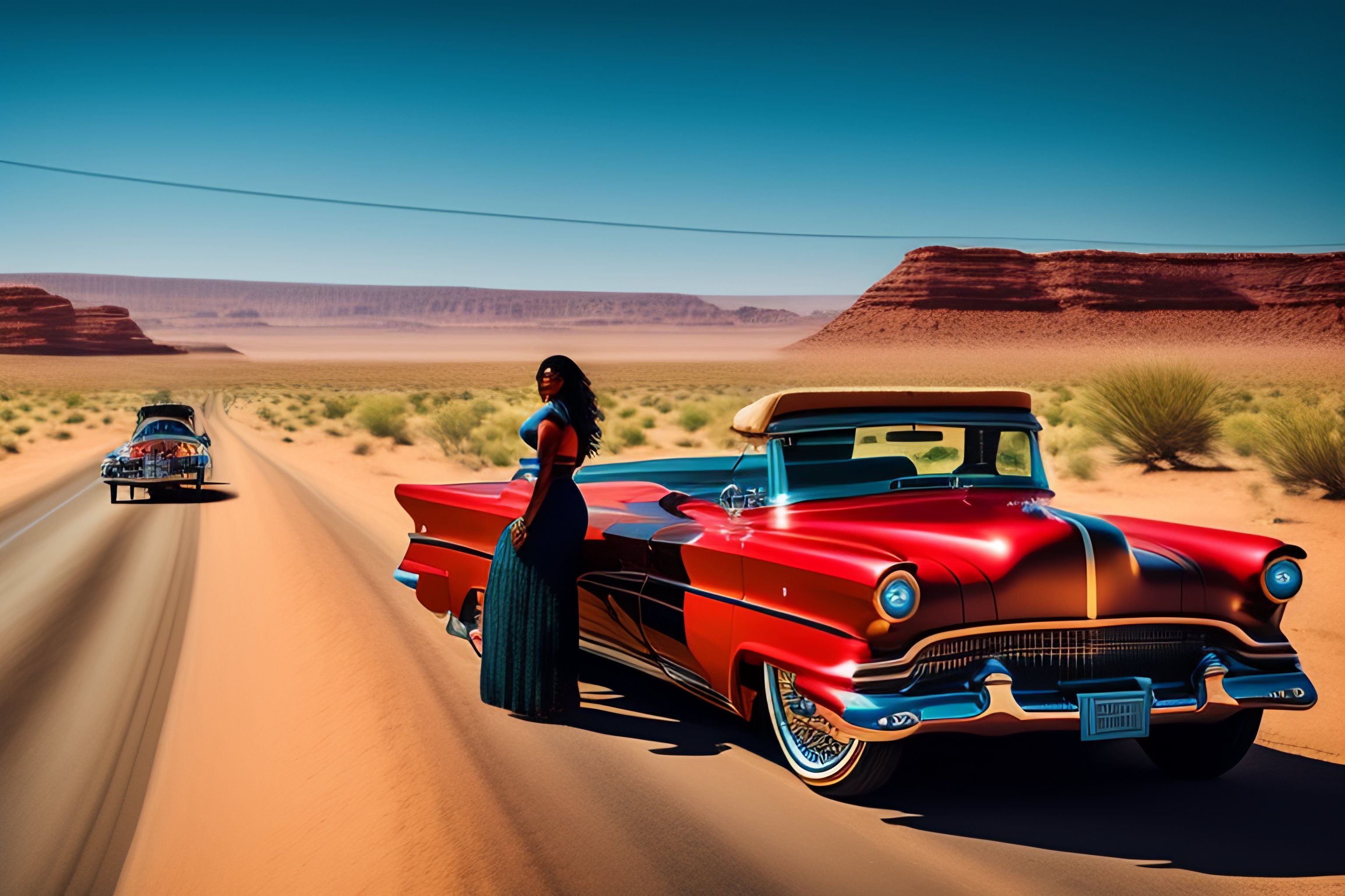 Lexica - Two women driving a lowrider in a desert highway