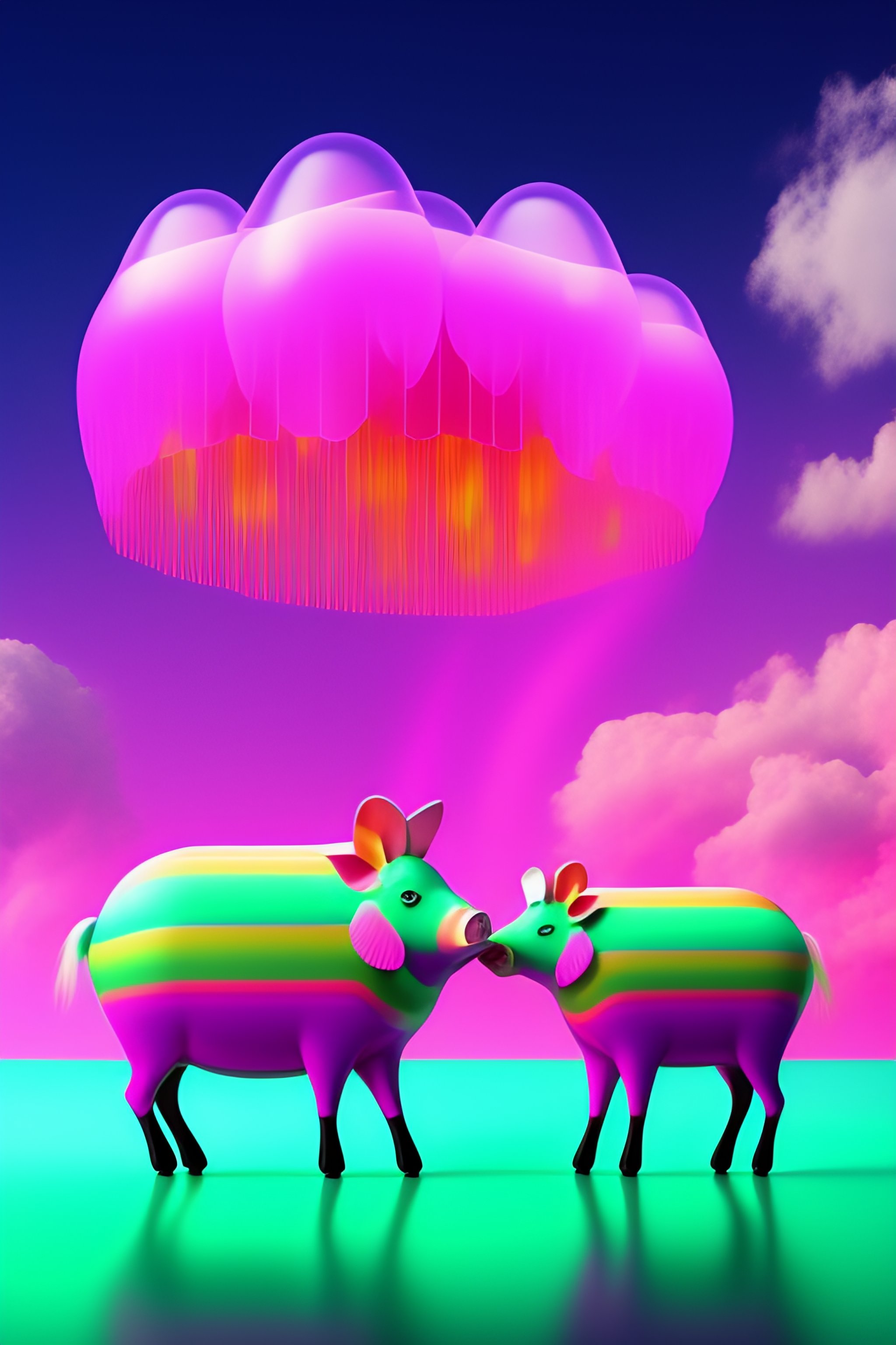 Lexica - Winged pigs flying between jellyfish and pink clouds ...