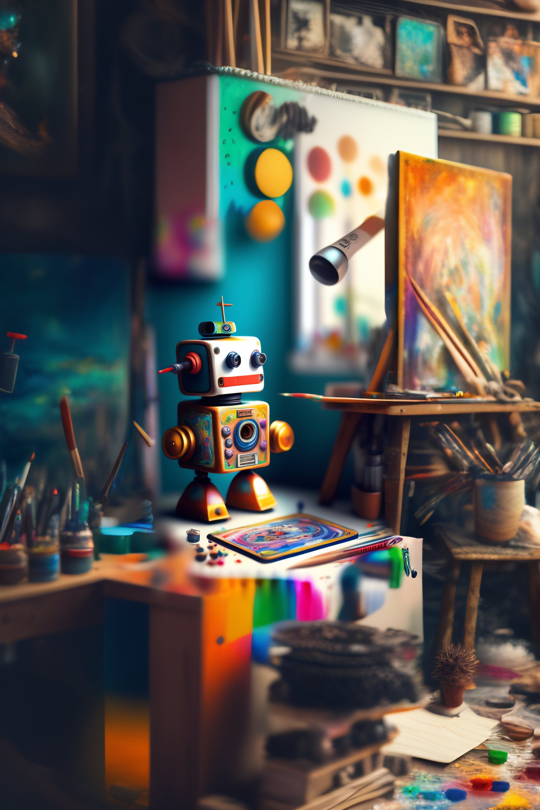 Lexica - A messy, chaotic artist's workshop, inside is a cute robot ...