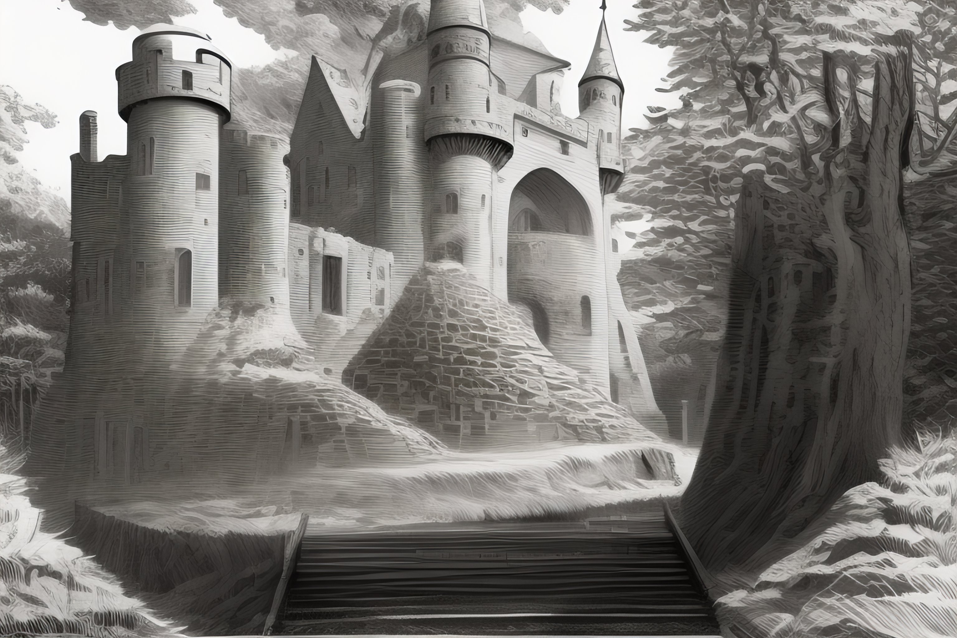 Lexica - A majestic medieval castle, doodle, black and white, grey ...