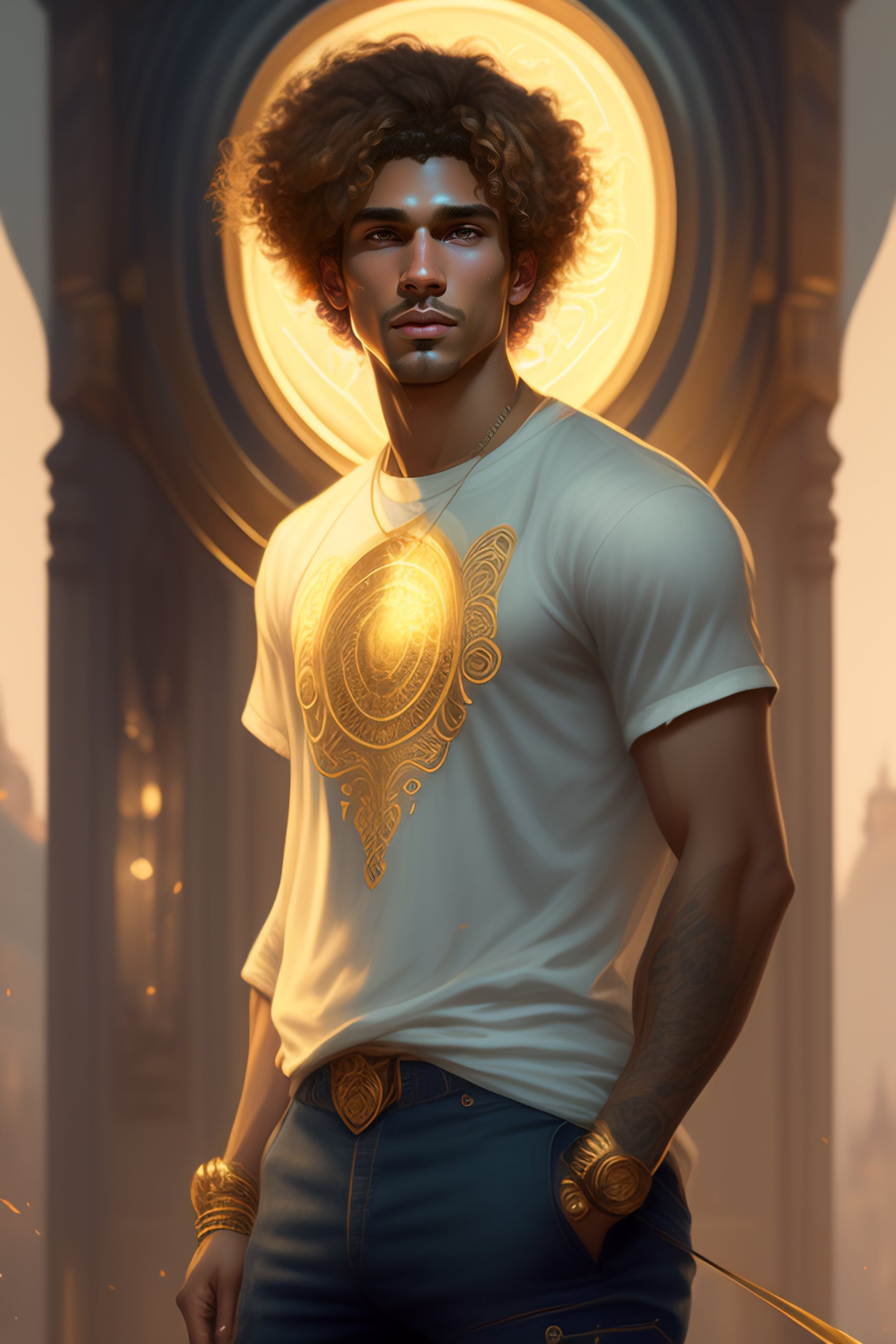 Lexica - Young man, moon demigod with golden curly hair, wearing jeans ...