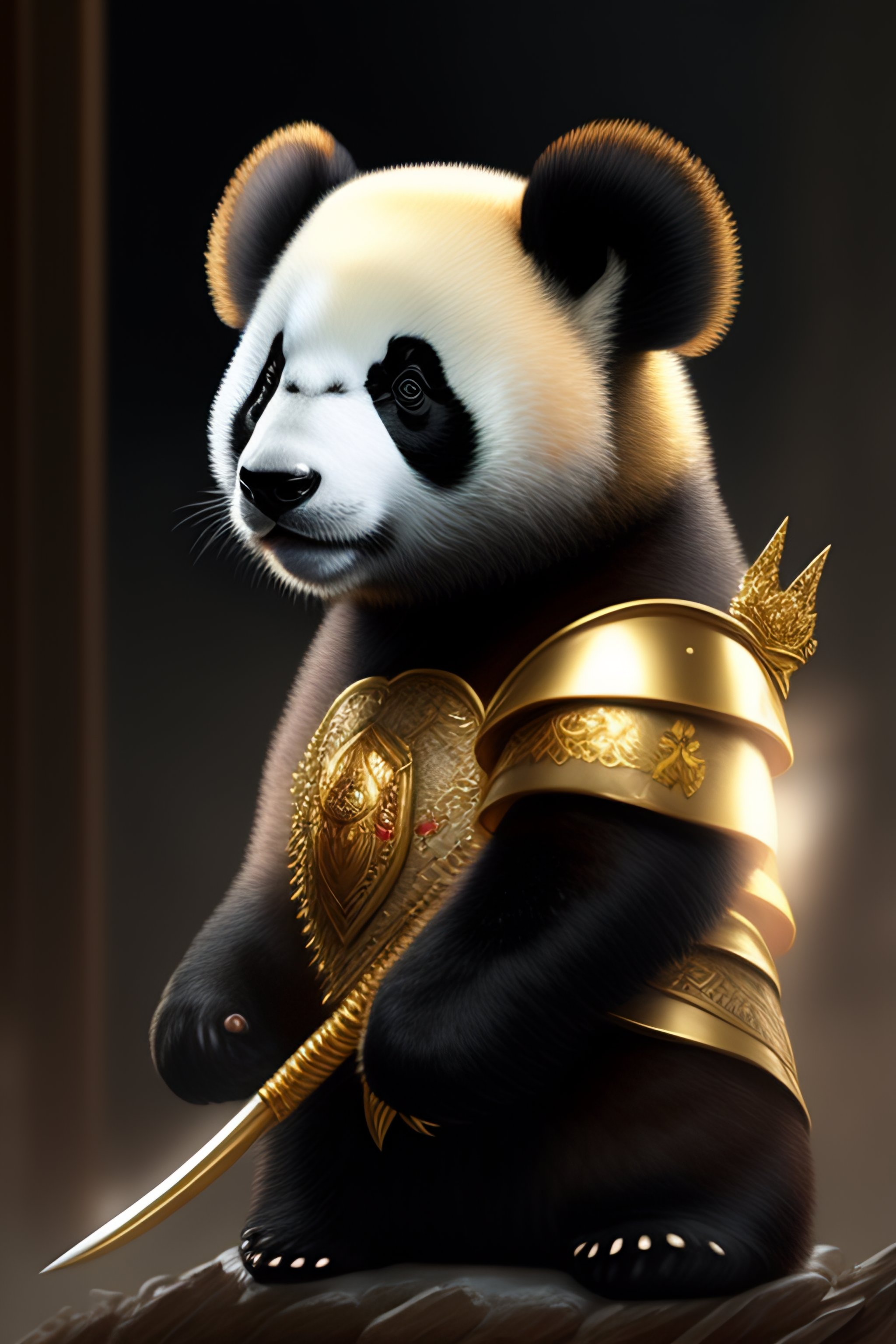 Lexica - Baby panda bear with crown and golden sword, bloody eyes, by ...