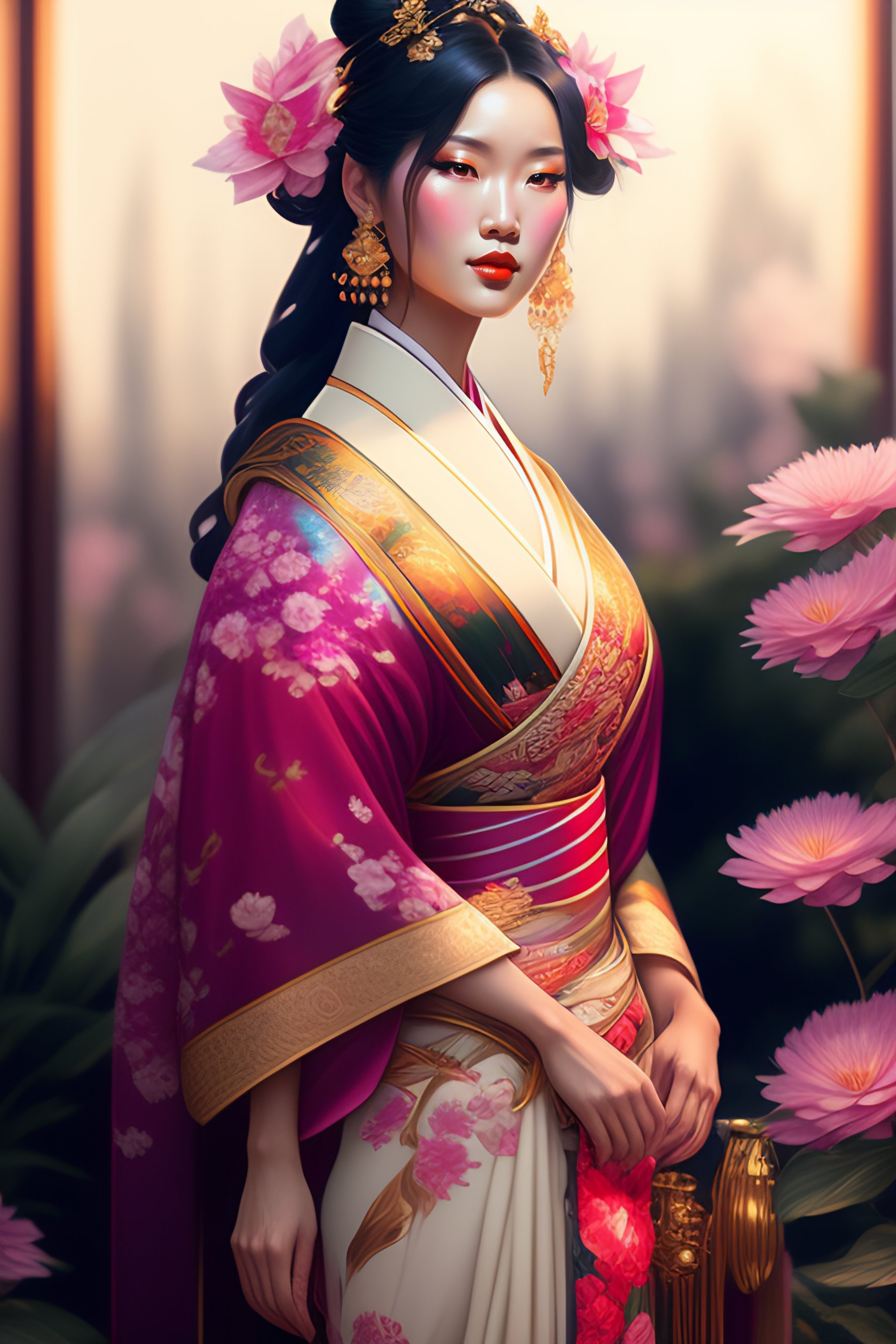 Lexica - Full body artwork of a beautiful geisha, wearing a flowery ...