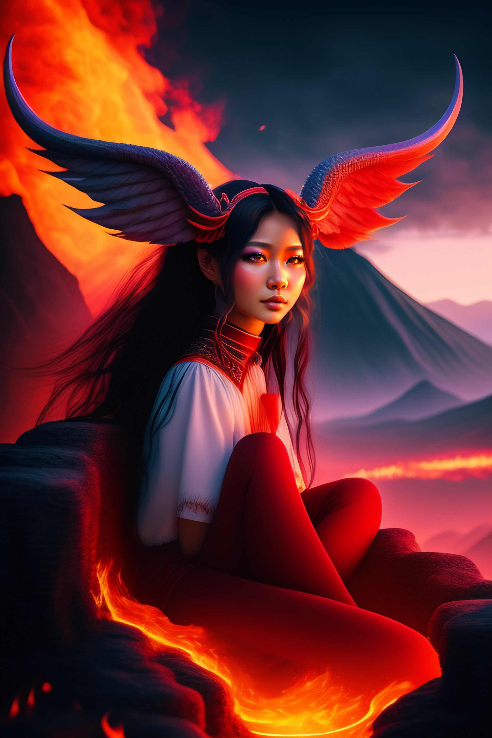 Lexica - Demon girl sitting in hell with lava and red mountains, white ...