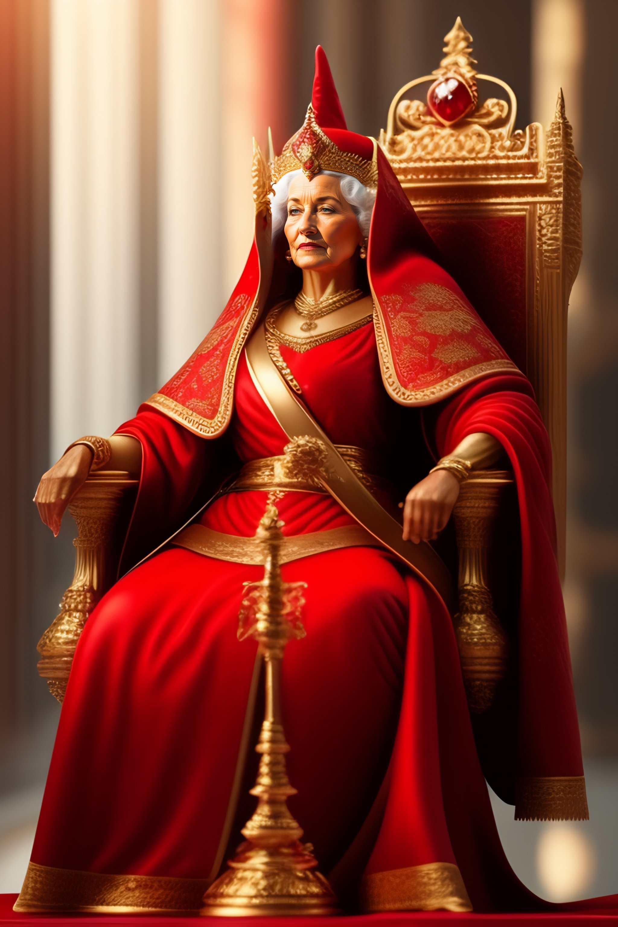 Lexica - Old queen lady justice in red robe on a throne holding a scale ...
