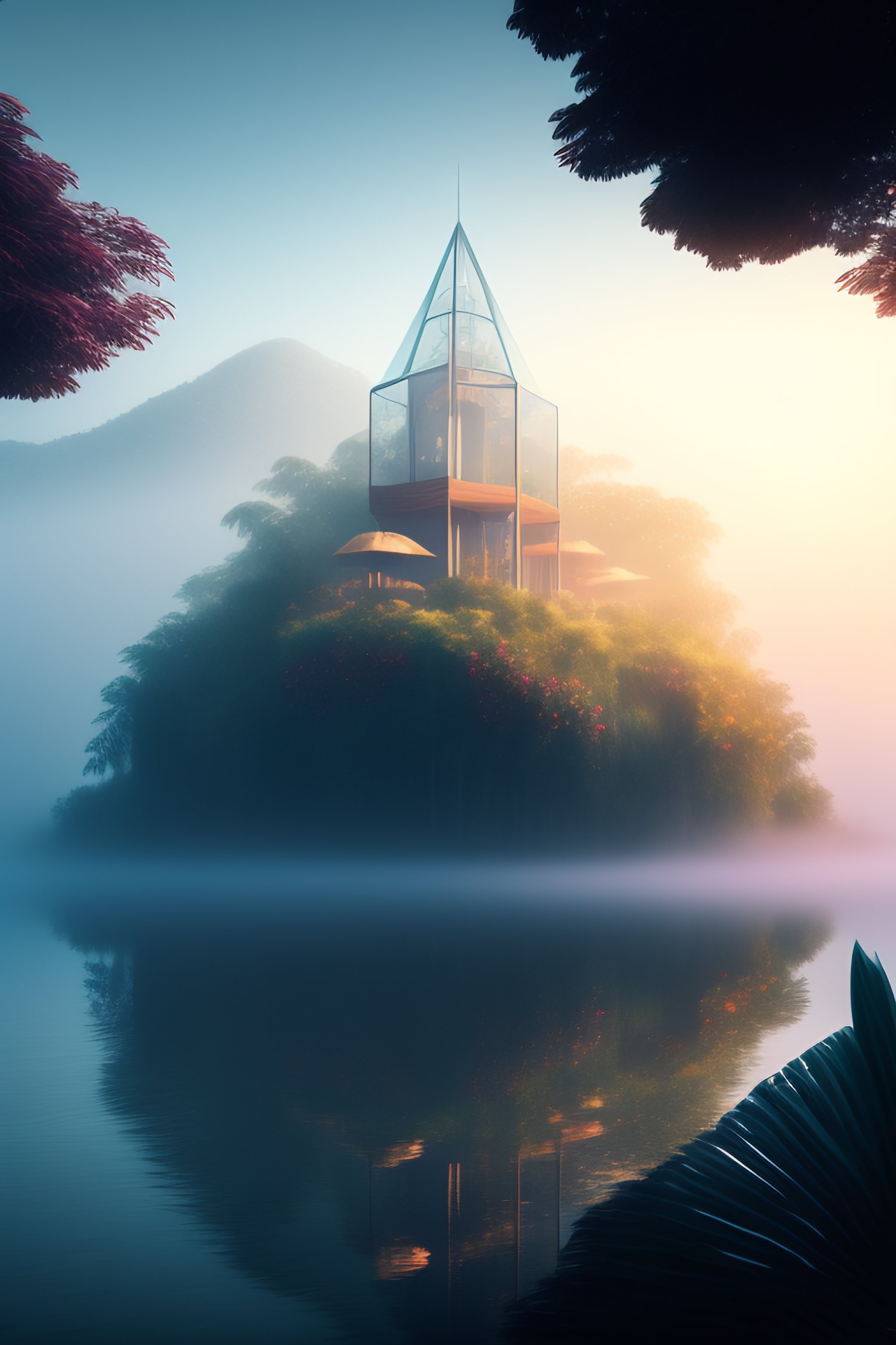 Lexica - Mystical ethereal tropical village building and fog