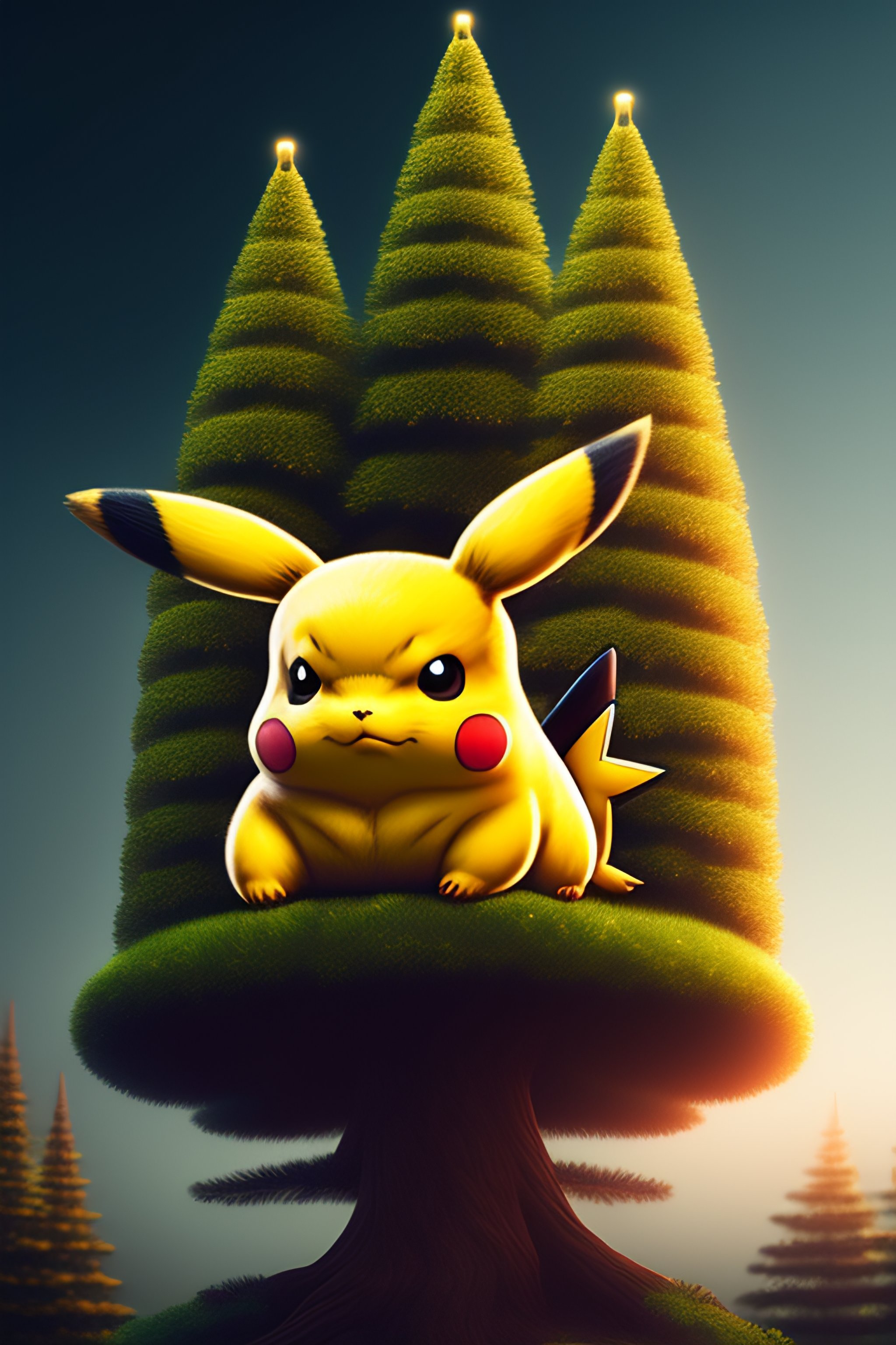 Lexica - Pikachu on top of a realistic pine tree at night art realistic ...
