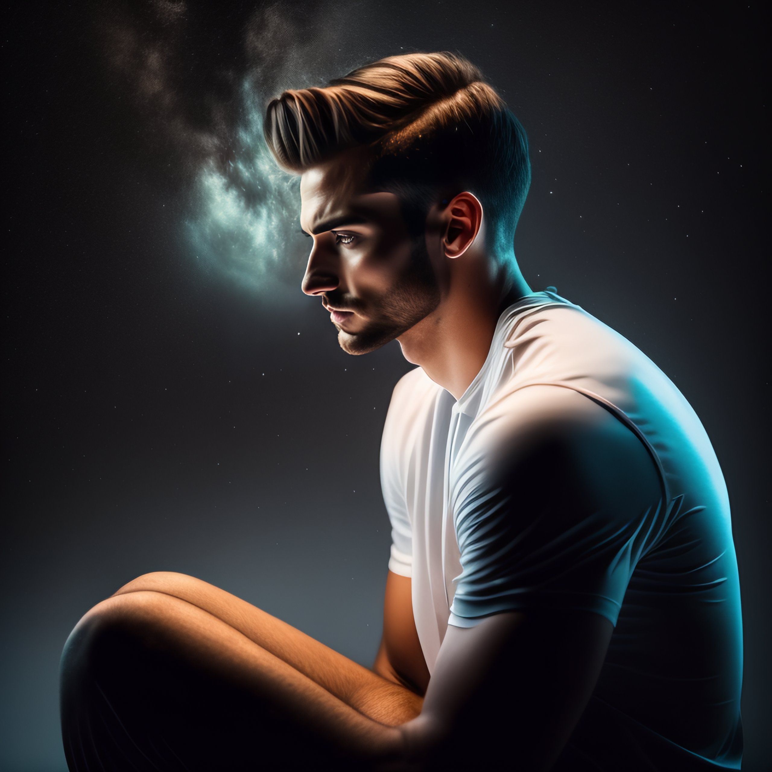 Lexica - A man sitting on with pitch-black background