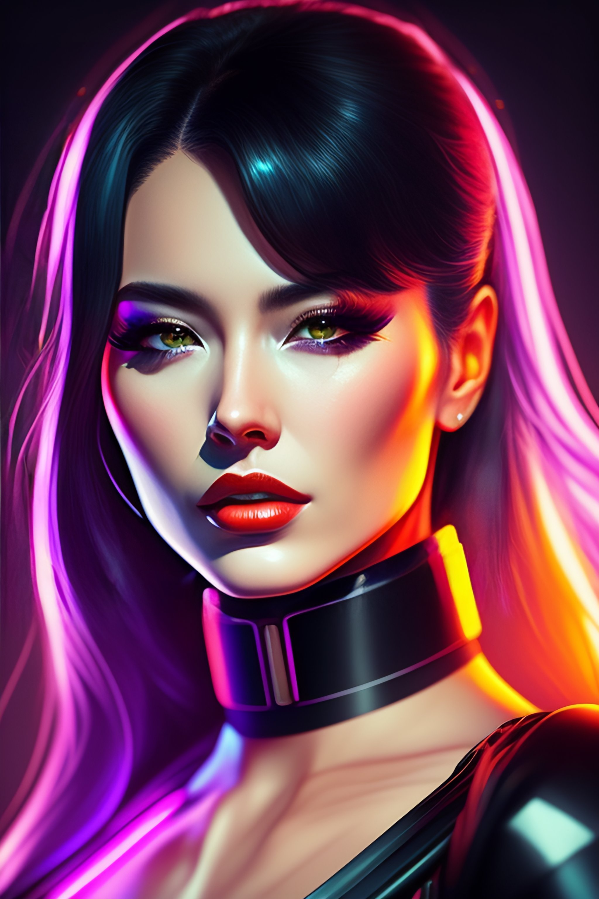Lexica - Headshot artwork of cyberpunk woman wearing thick black choker ...