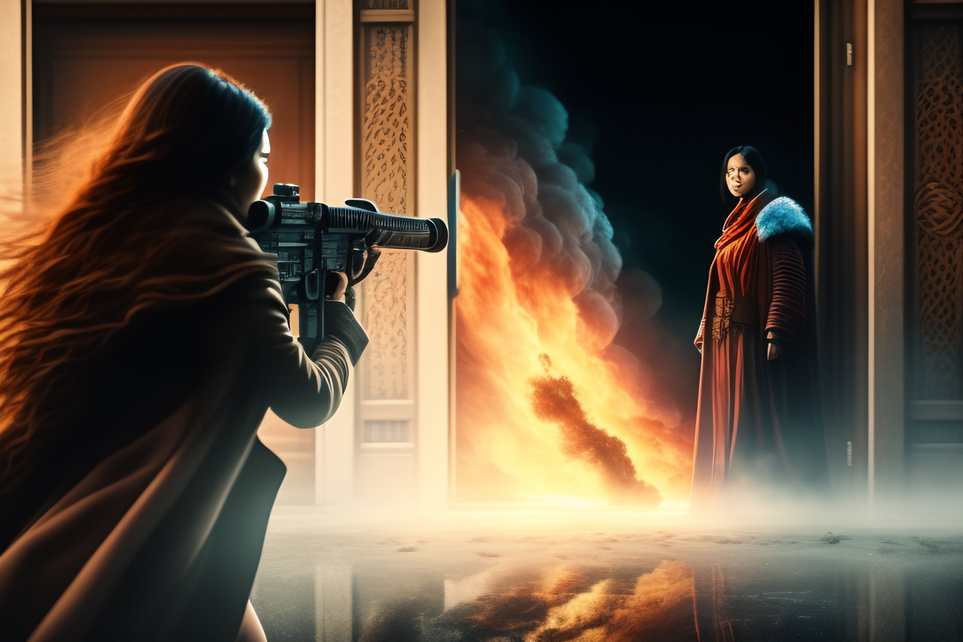 Lexica - A gatekeeper who blocks a woman trying to escape. apocalypse ...