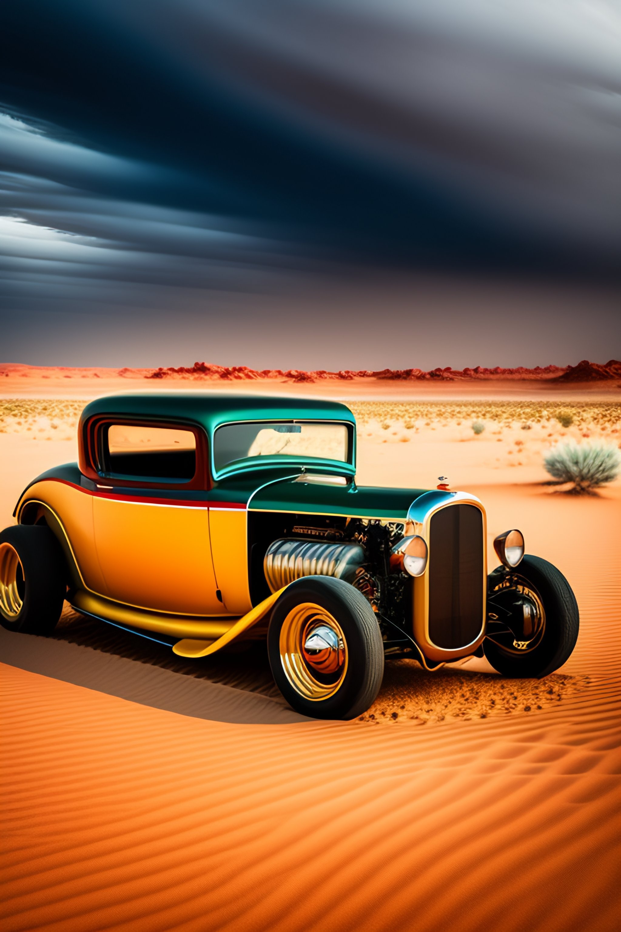 Lexica - Vintage hot rod car in the desert 8k