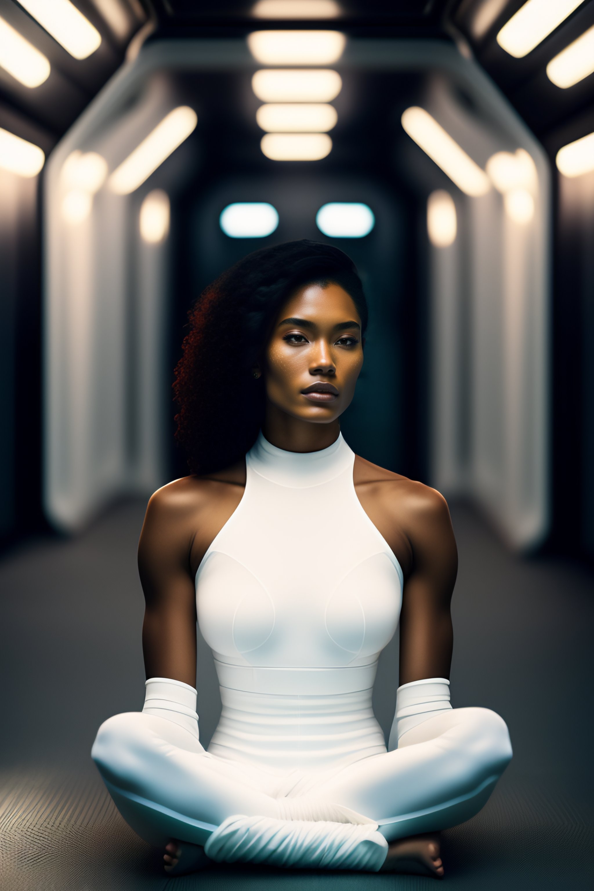 Lexica - Female in a sitting pose trapped in a small space station ...