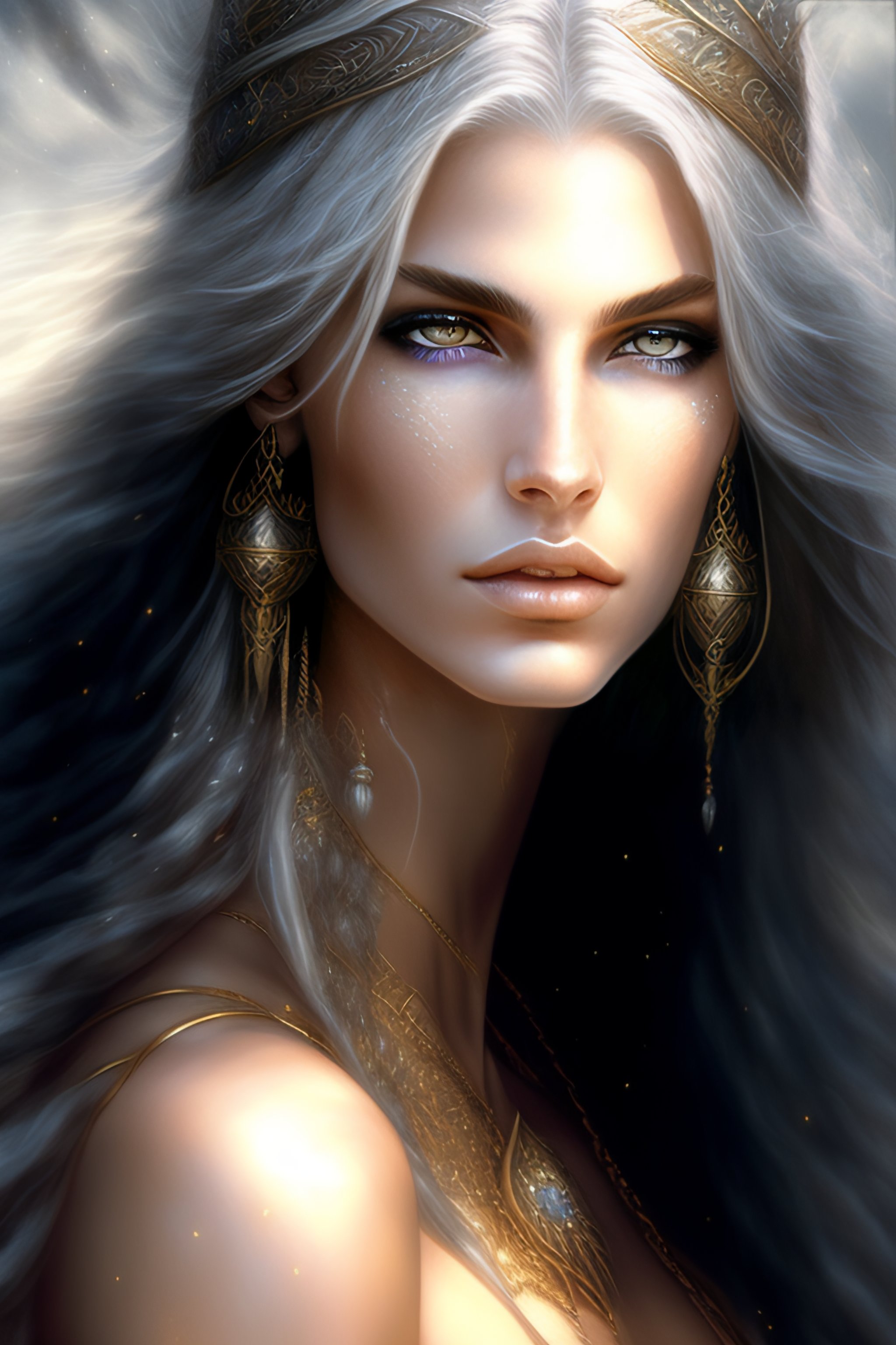 Lexica - Goldeneyed godess with long white hair, art by luis royo, sorcerer, shaved temple ...