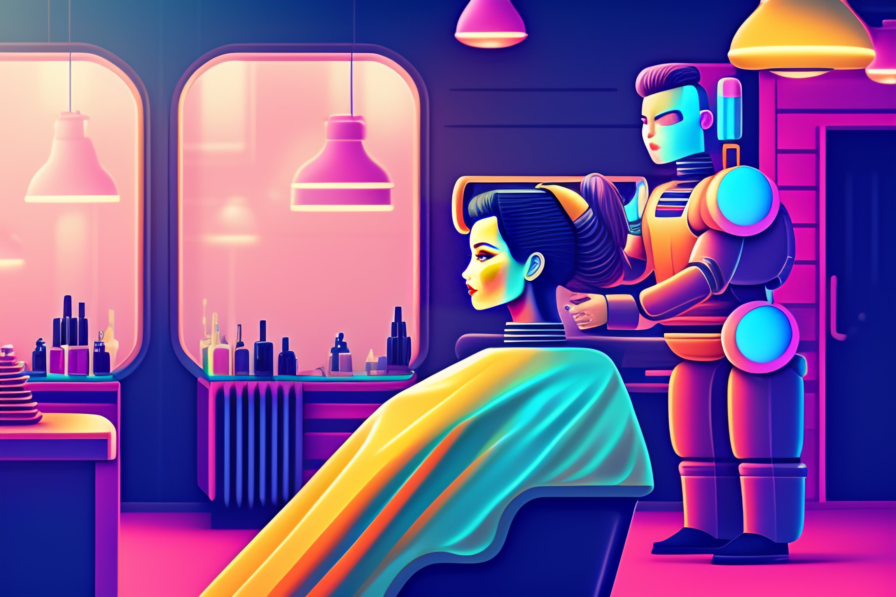 Lexica - Robot hairdresser, doing a haircut to a woman, in a barbershop ...