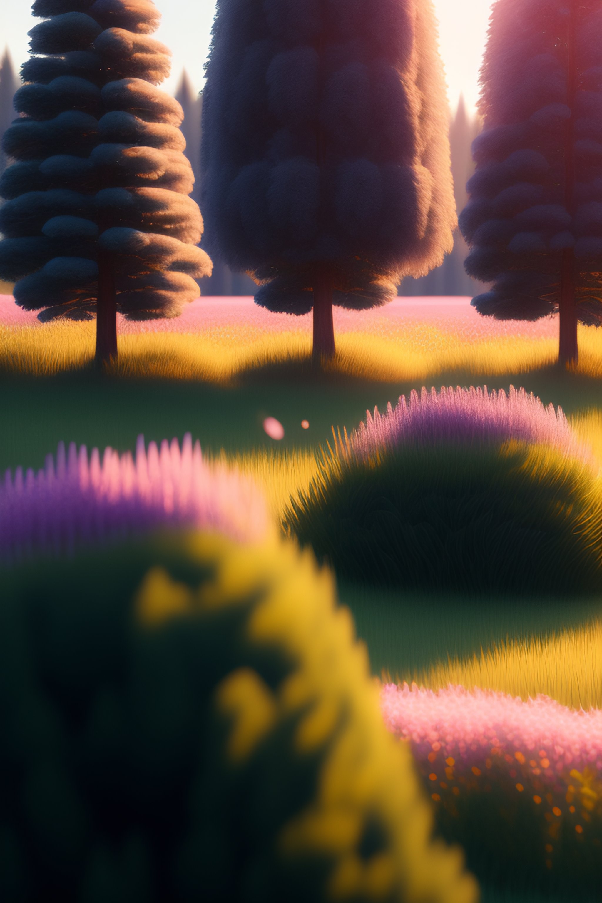 Lexica - Furry trees in a flowery meadow, 4K octane render, volumetric ...