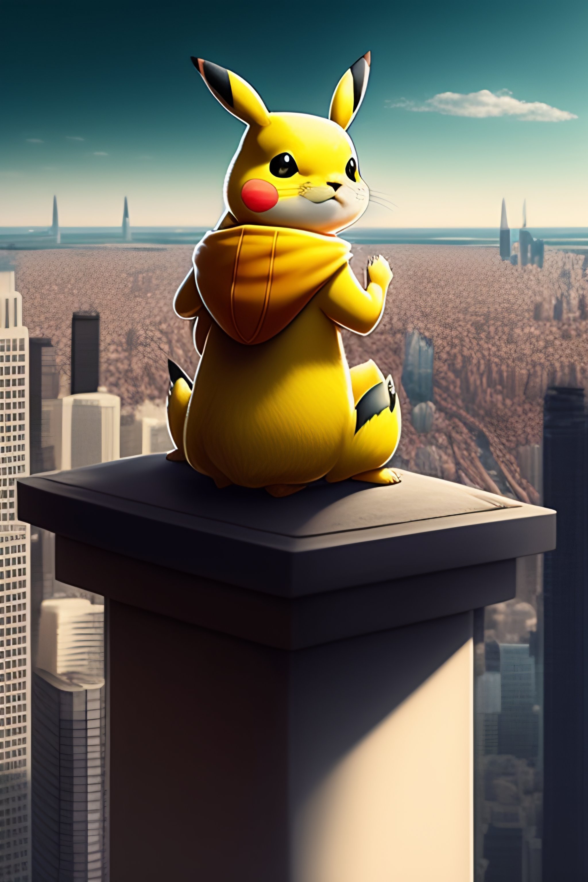 Lexica - Pikachu sitting on a roof looking down at a city below ...