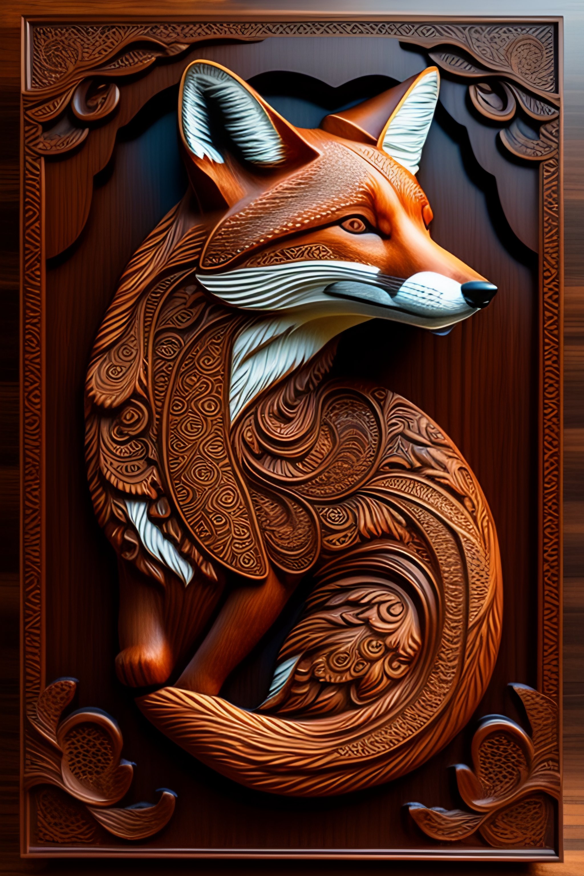 Lexica - Red brown fox, infinite detail, wood carving with intricate ...