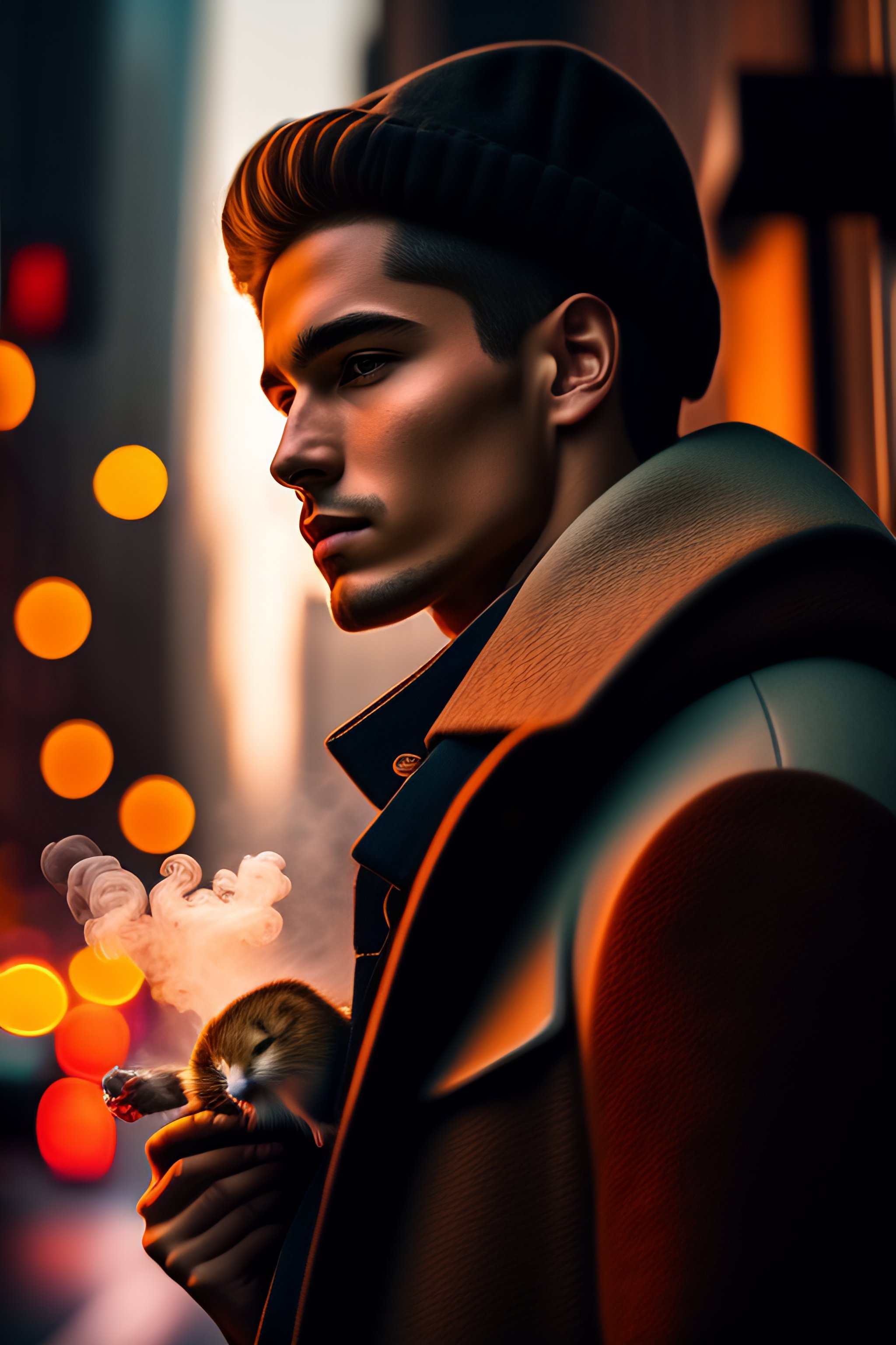 Lexica - Young Man log hair smoking holding a rat, long shot, cinematic ...