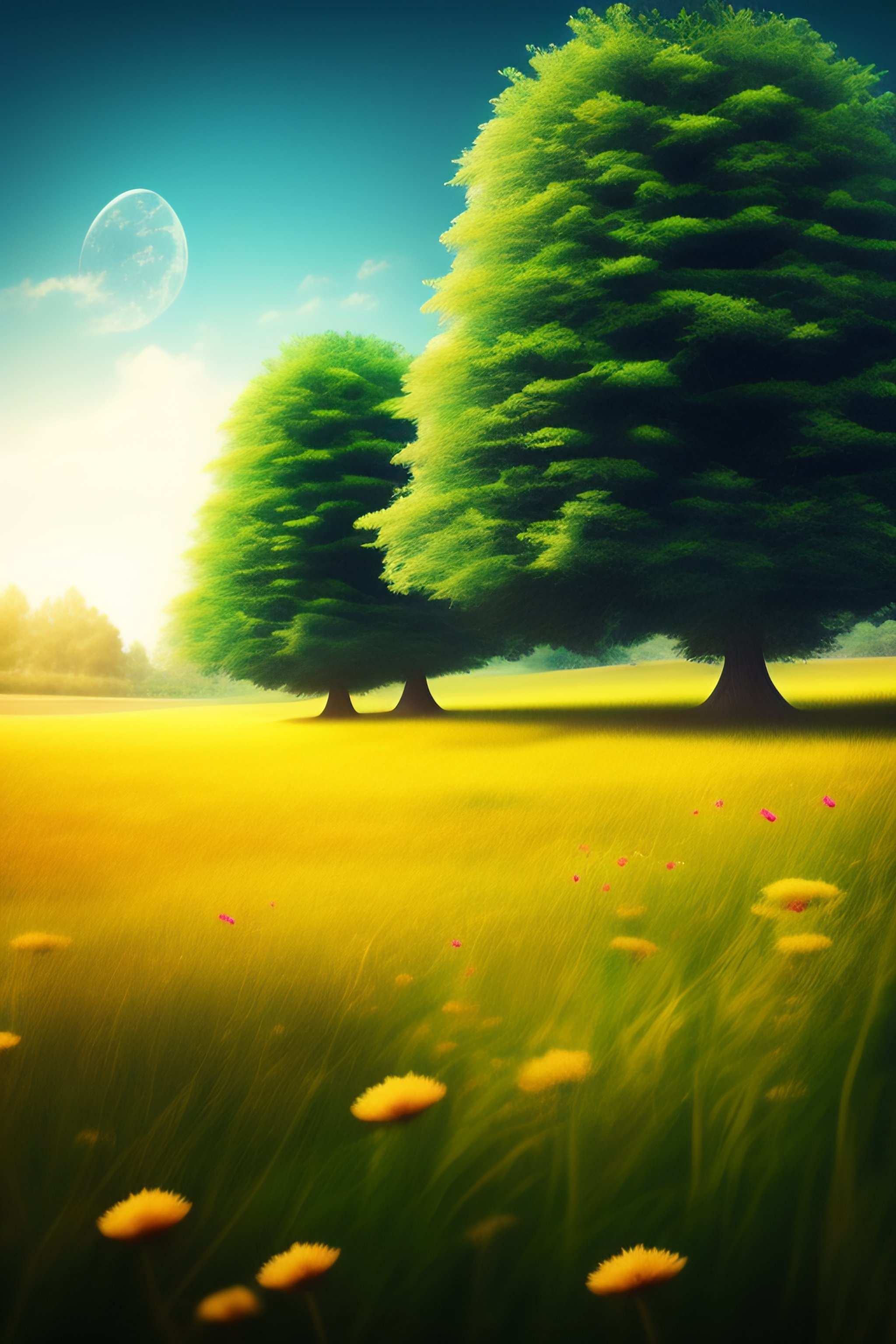 Lexica - Nature, realistic, Flowers and trees in the grass