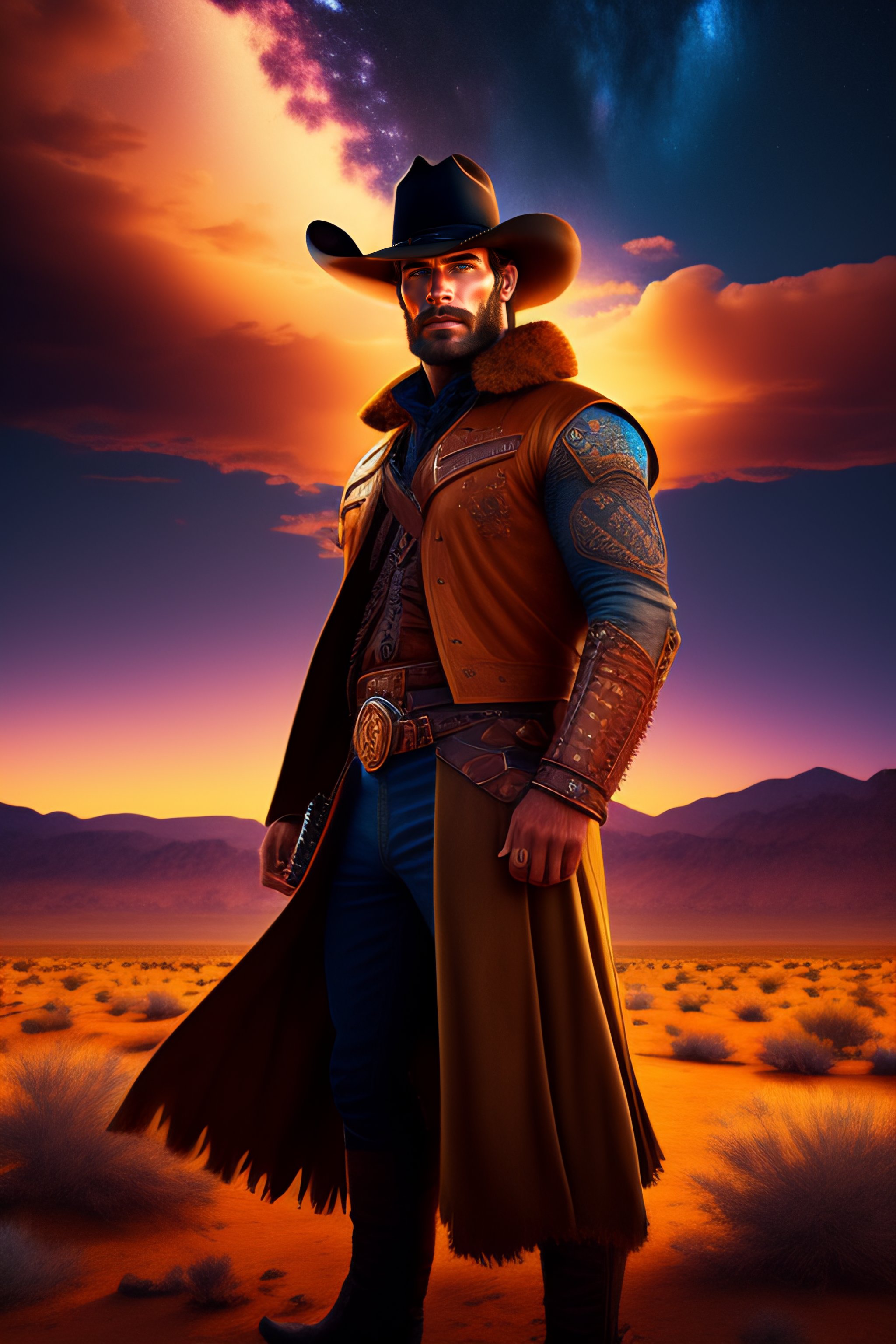 Lexica - Handsome rugged cowboy tipping their hat, desert mountains ...