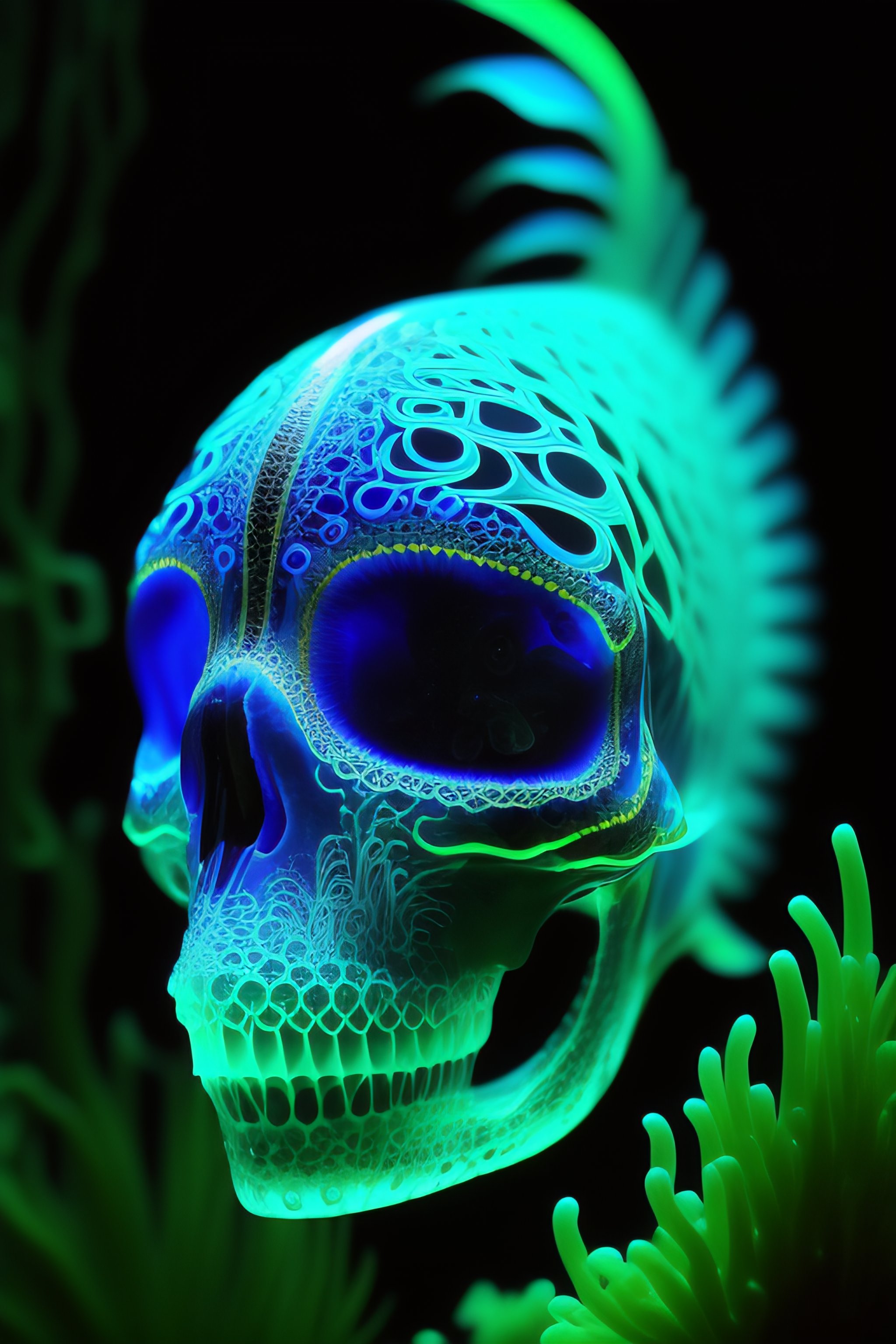 Lexica - 3 d underwater skeleton face close - up neon ocean front ...