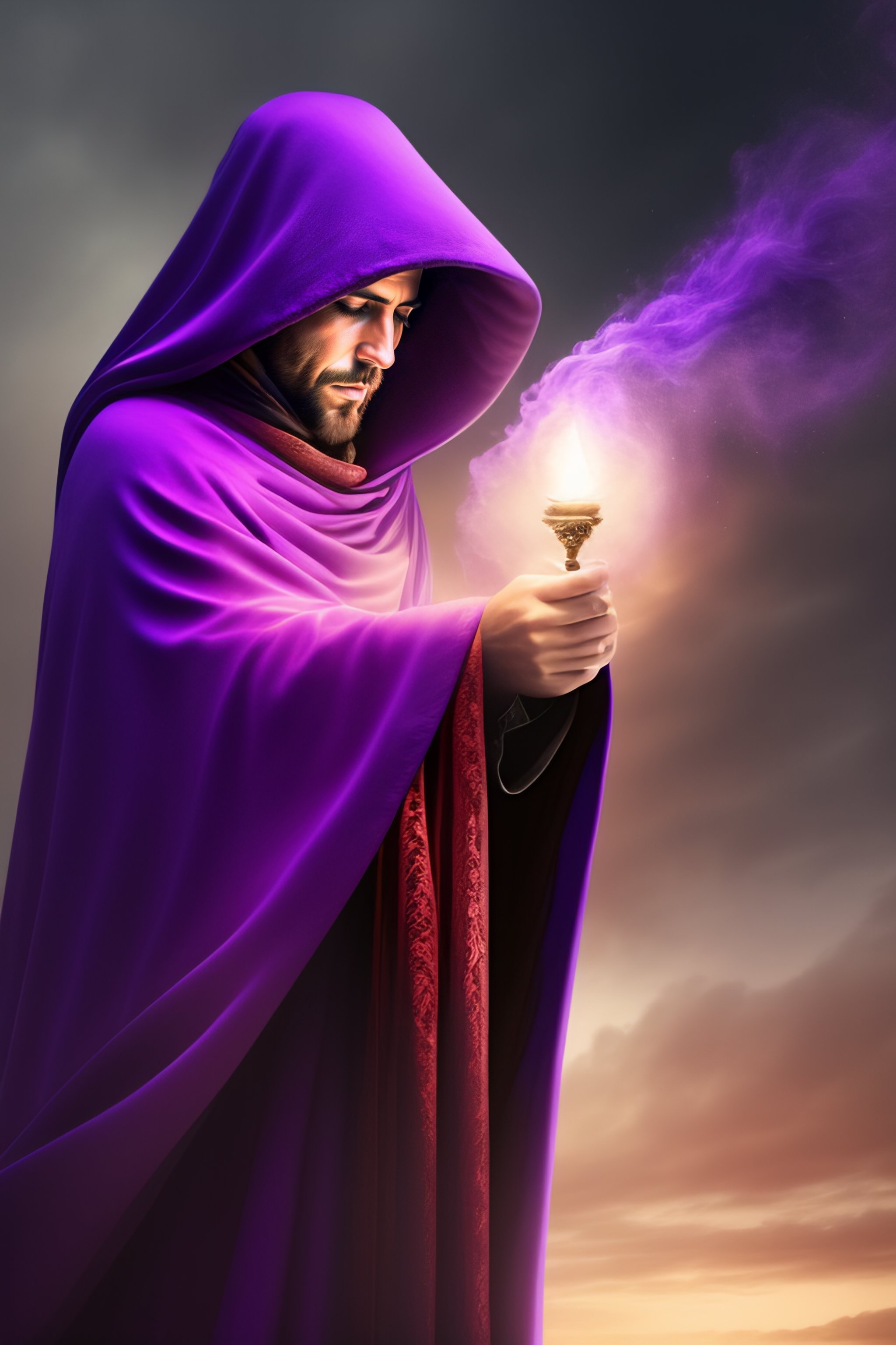 Lexica - A purple cloaked wizard casting a spell. The image size should ...