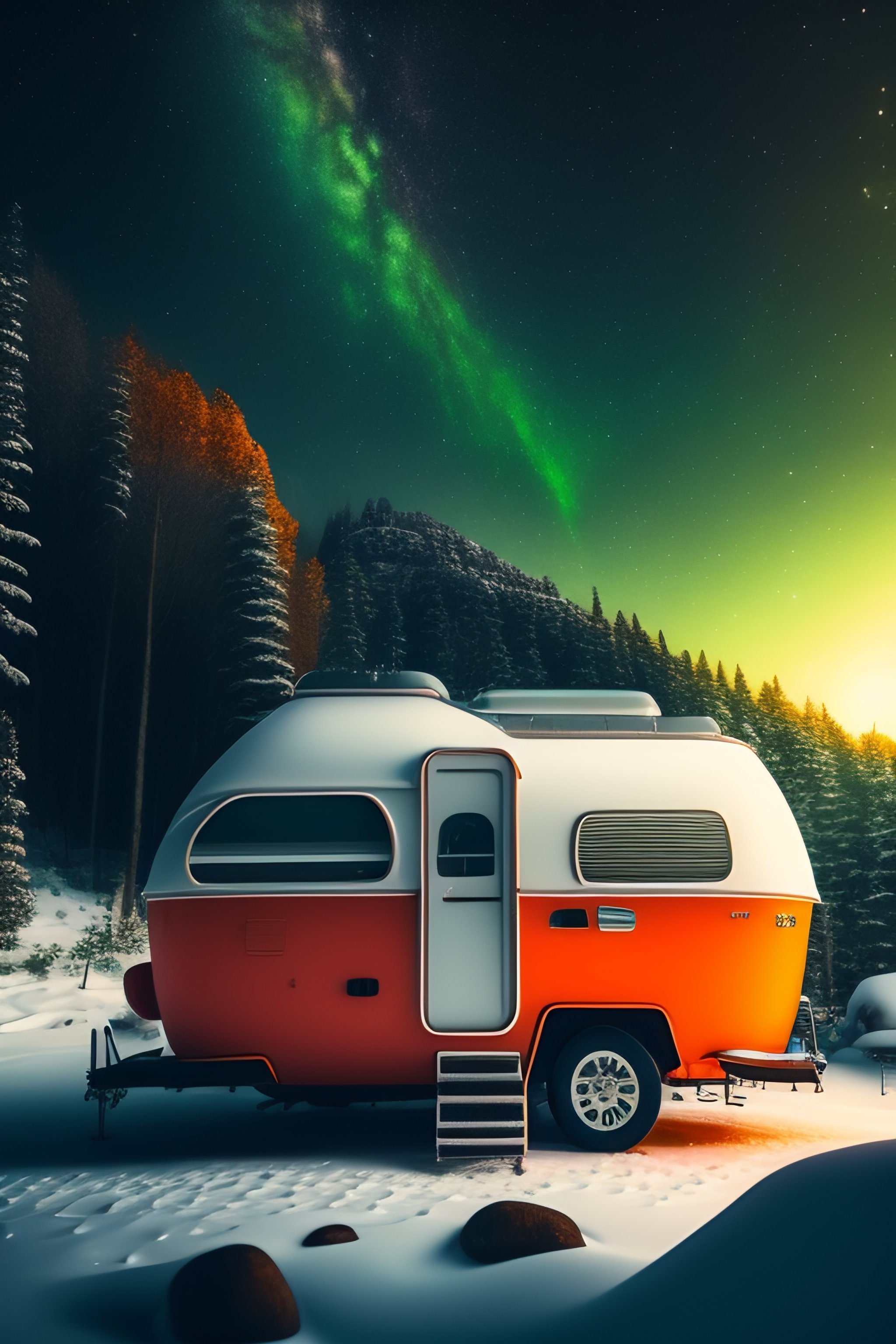 Lexica - Orange campervan on snowy mountains, green forest background ...