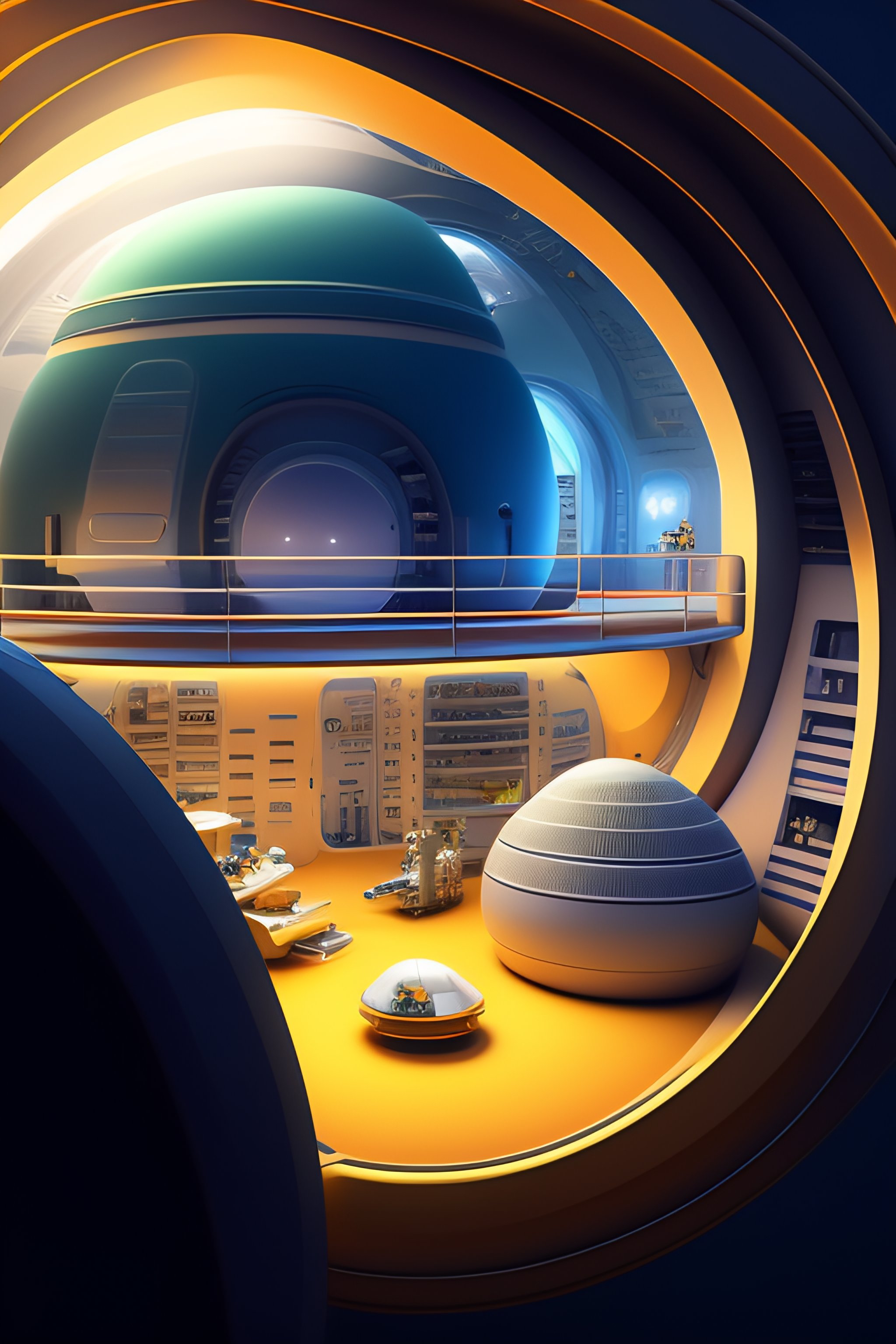 Lexica - Cozy and round spaceship lab, five scientist, one scientist ...