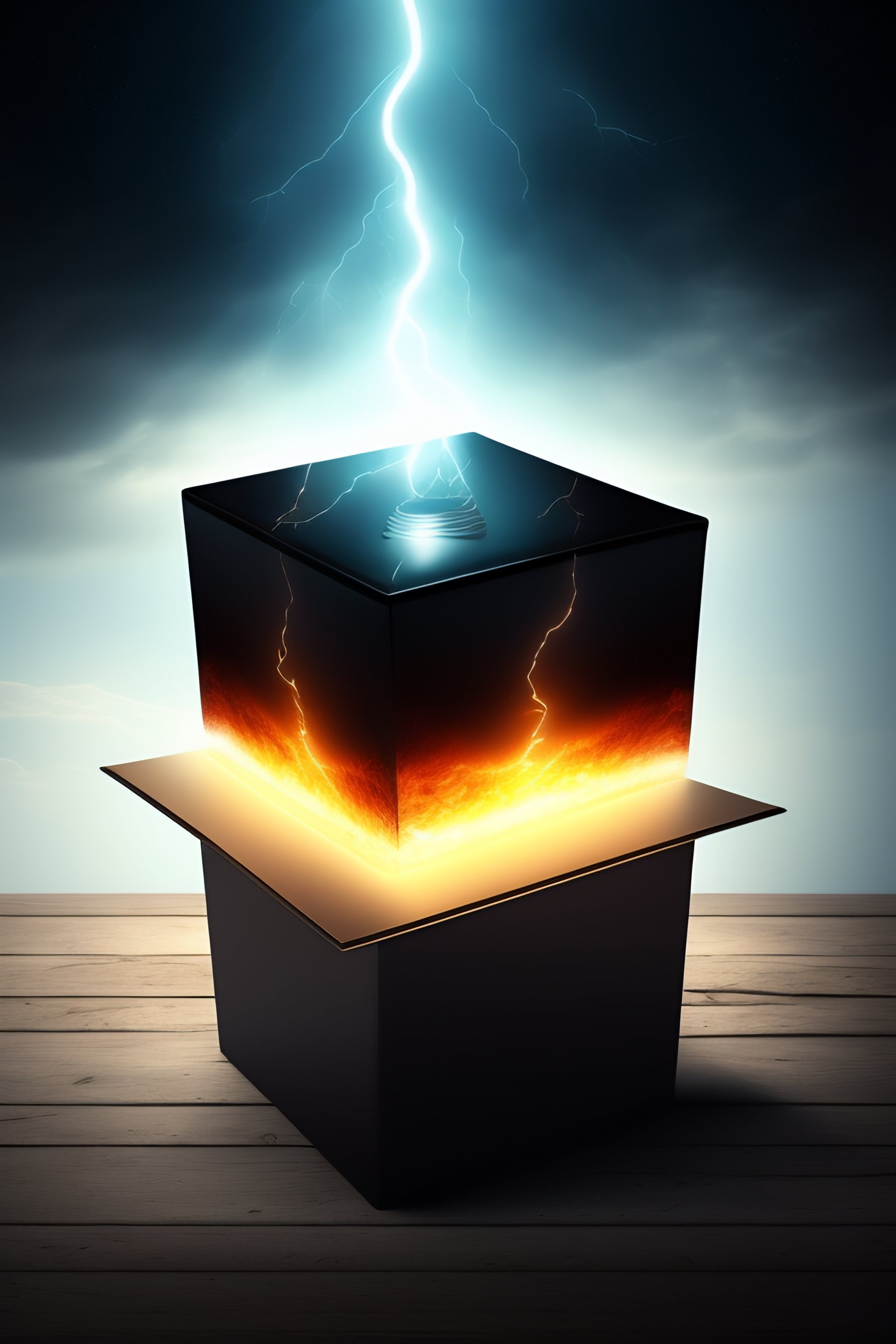 Lexica - A box floating in a dark space, it is hit at the top by a ...