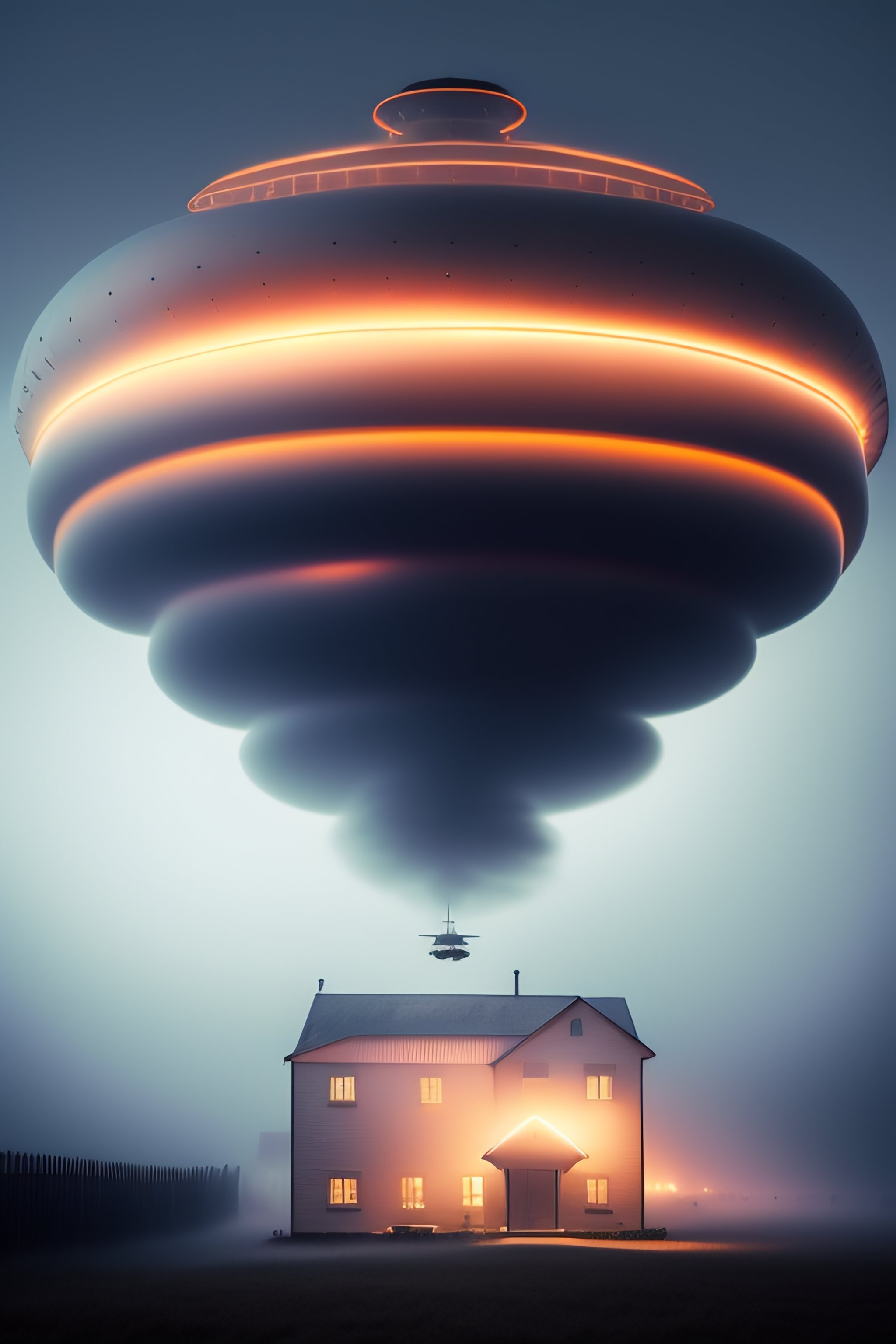 Lexica - Ufo in the fog, famrhouse
