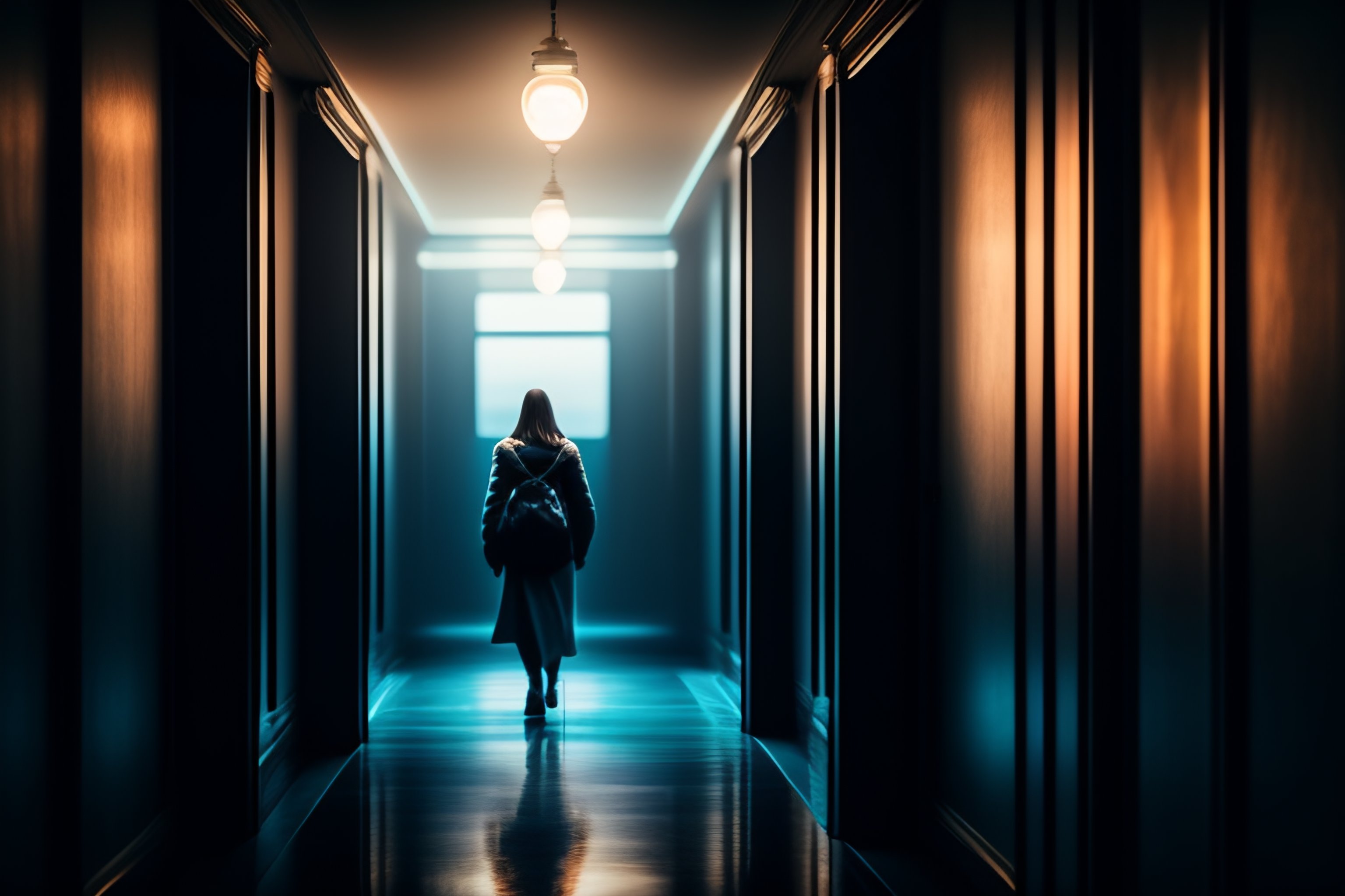 Lexica - Woman walking down stairs into a dark space. you see a ...