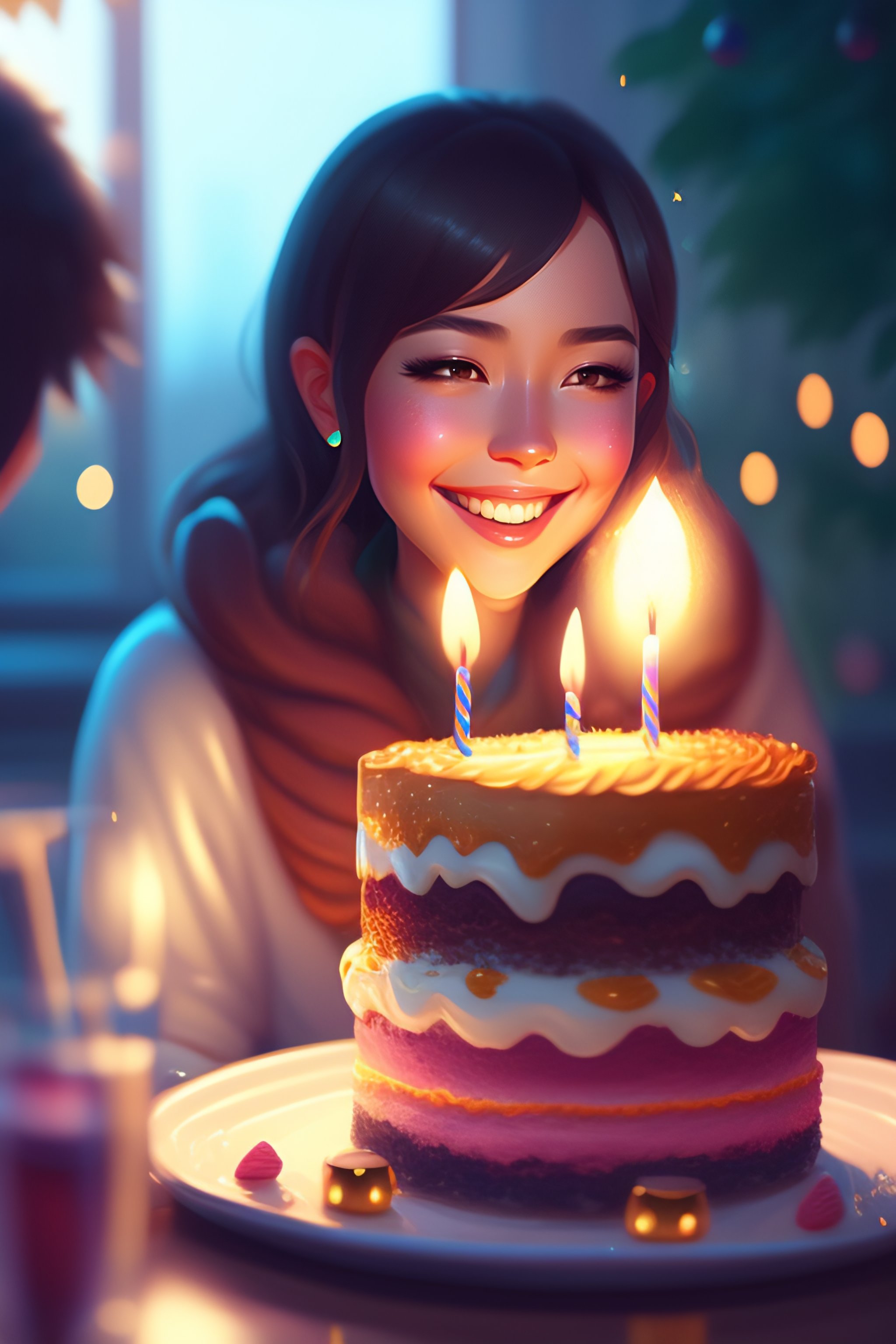 Lexica - Laughting girl eating huge birthday cake with candles ...