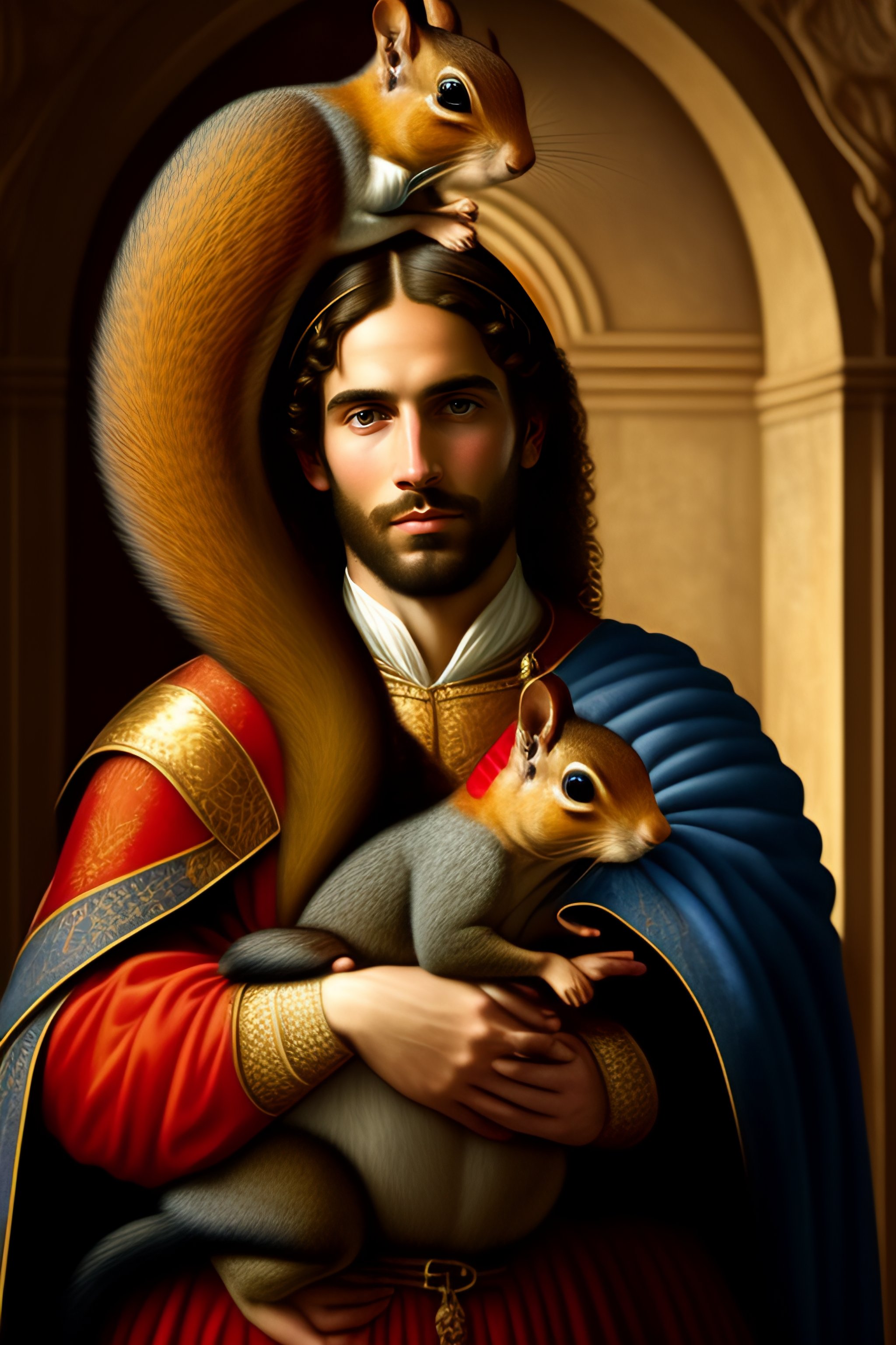Lexica - Jacob Collins-Levy in medieval style whith squirrel in his arms