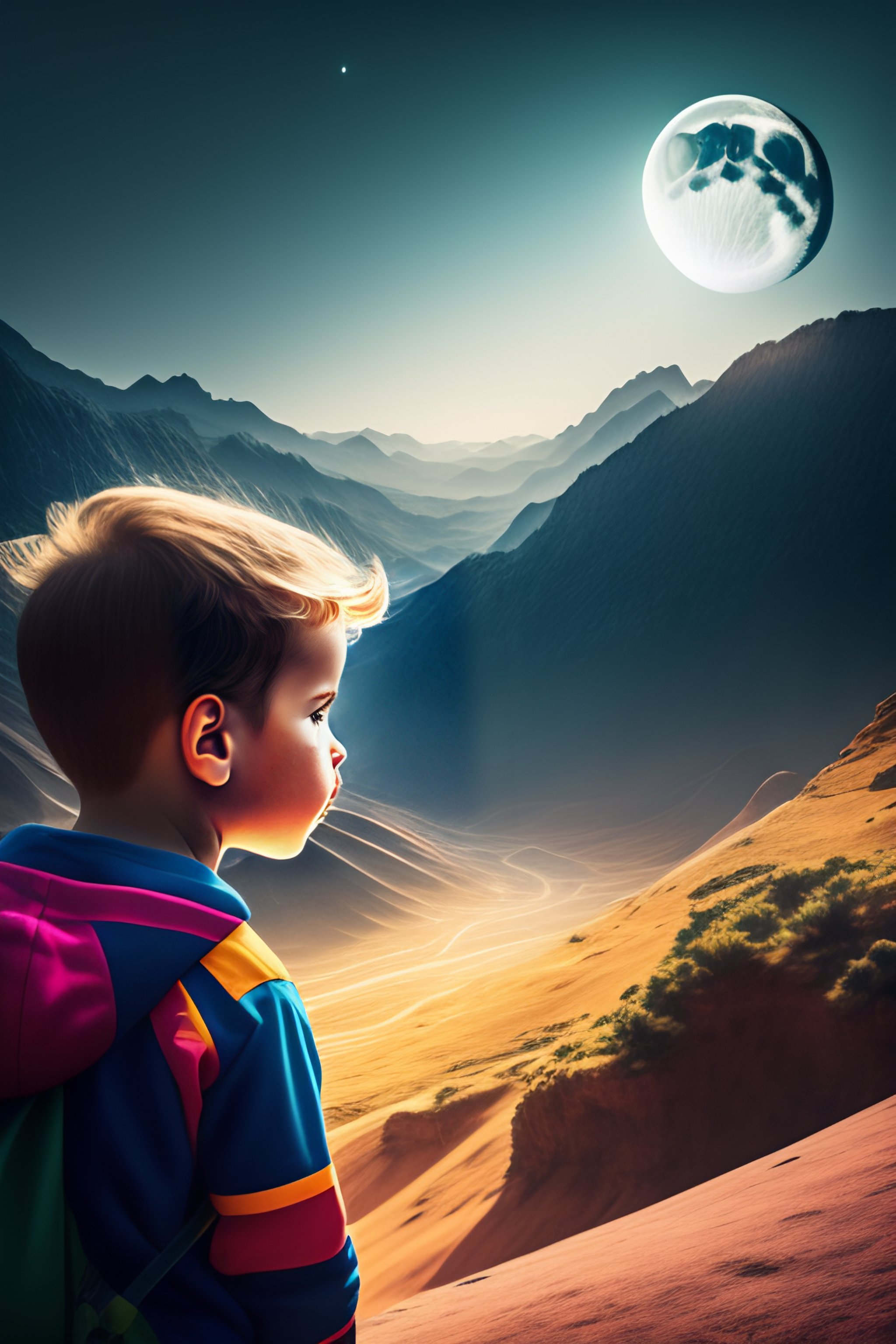 Lexica - Kid look at moon and thinking