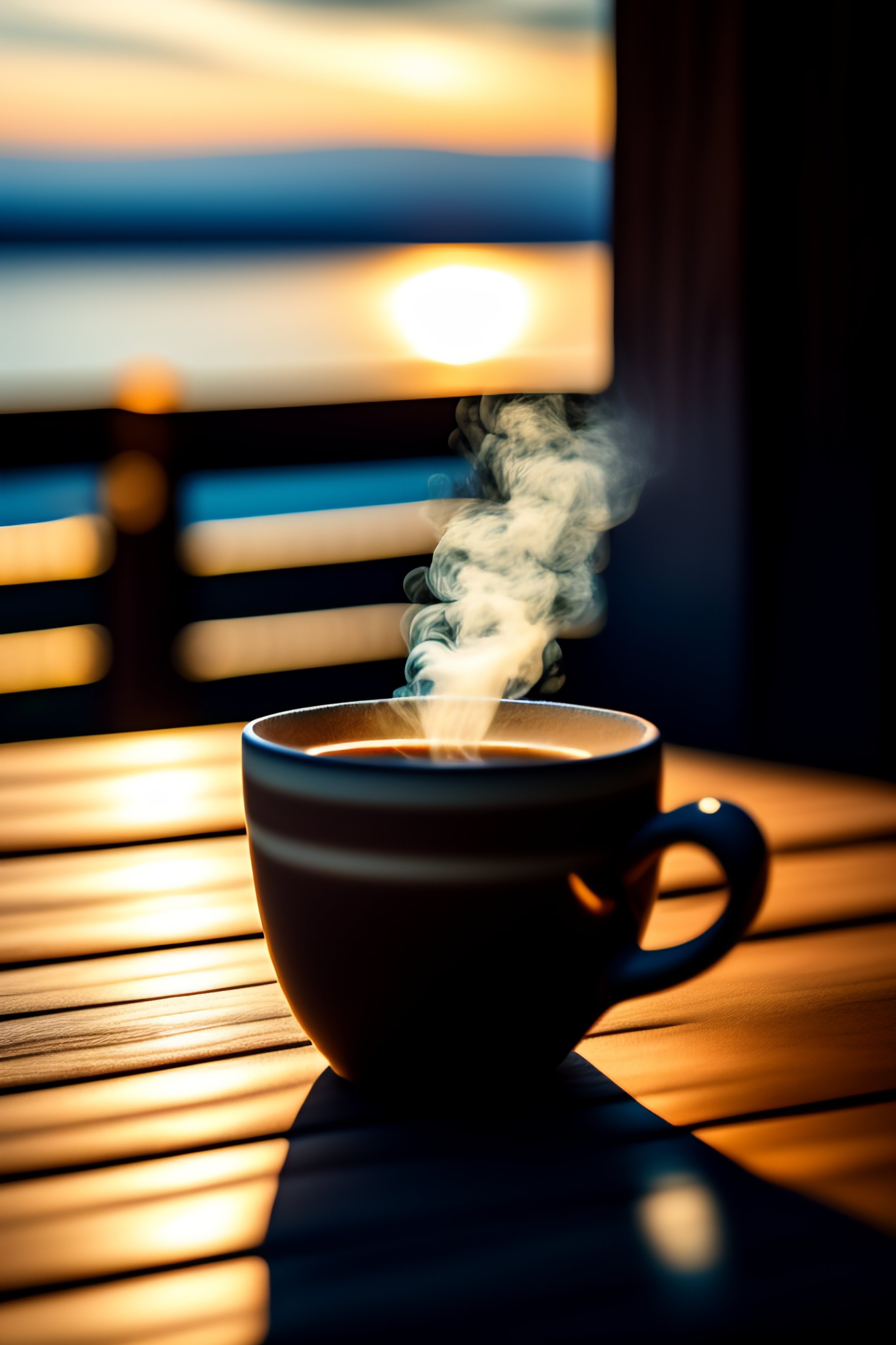 Lexica - This photograph shows a cup of hot coffee on a wooden table in ...