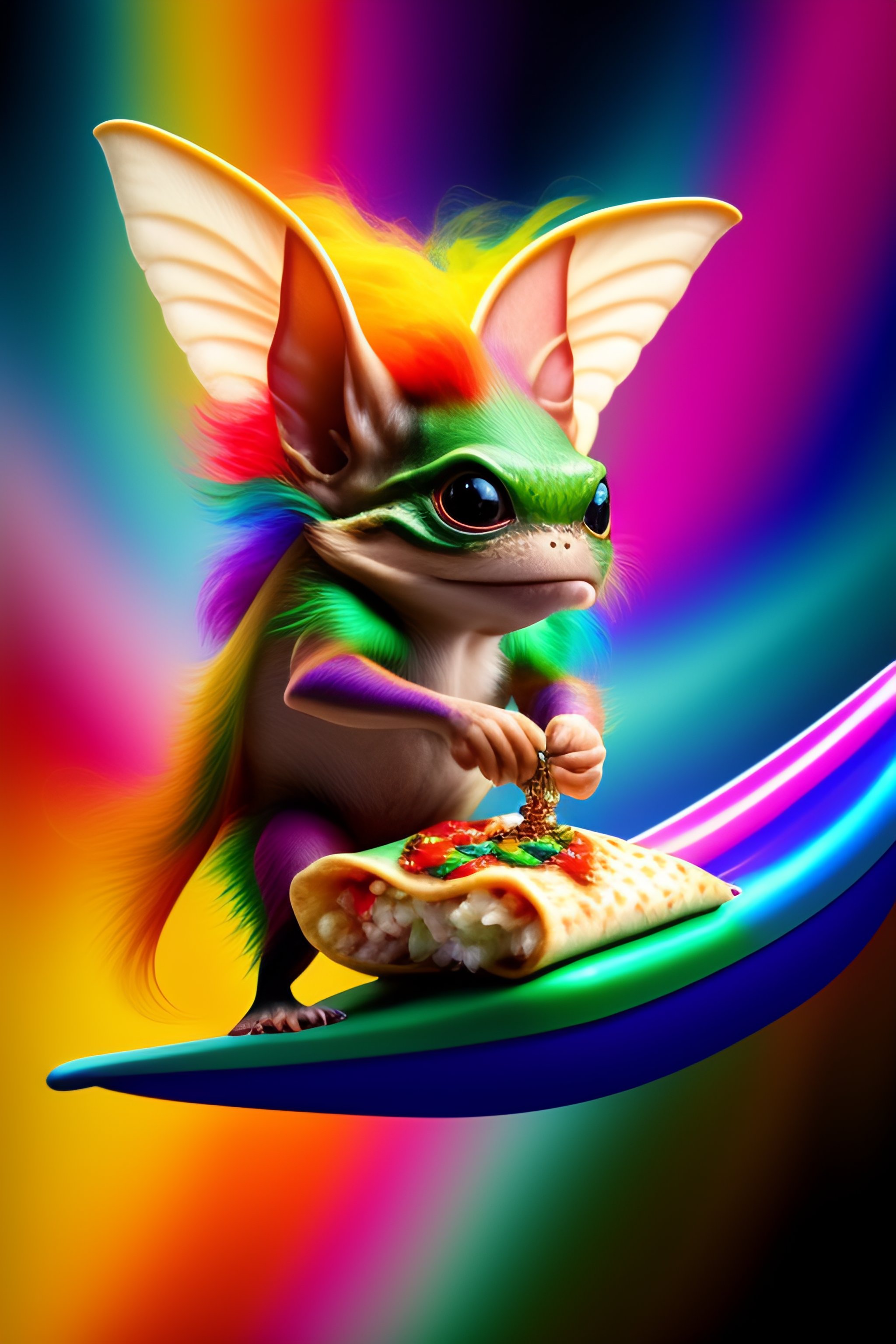 Lexica - A gremlin with rainbow wings surfing a burrito in space