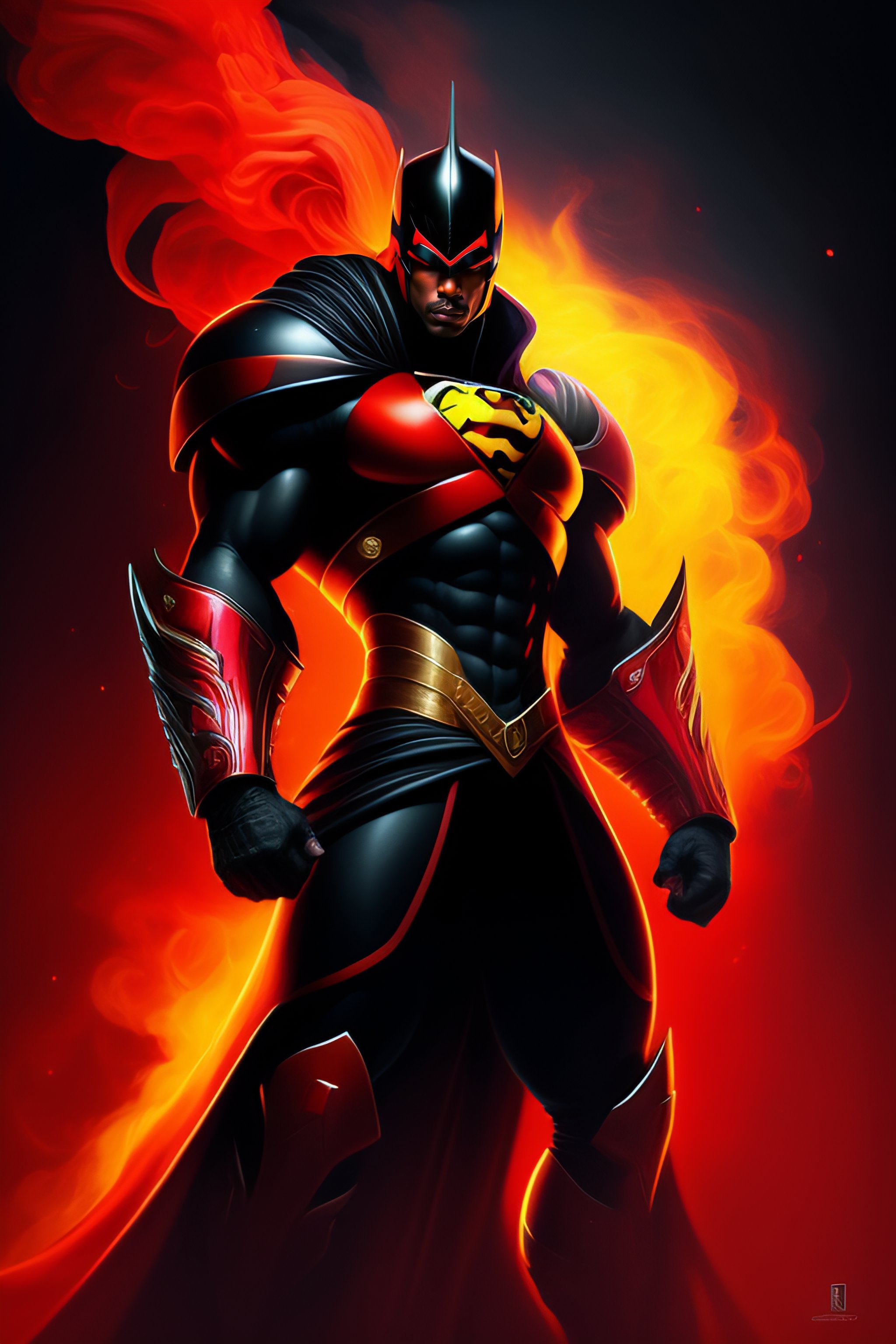 Lexica - Un supeheroe con un traje de color negro y una capa roja. Que ...