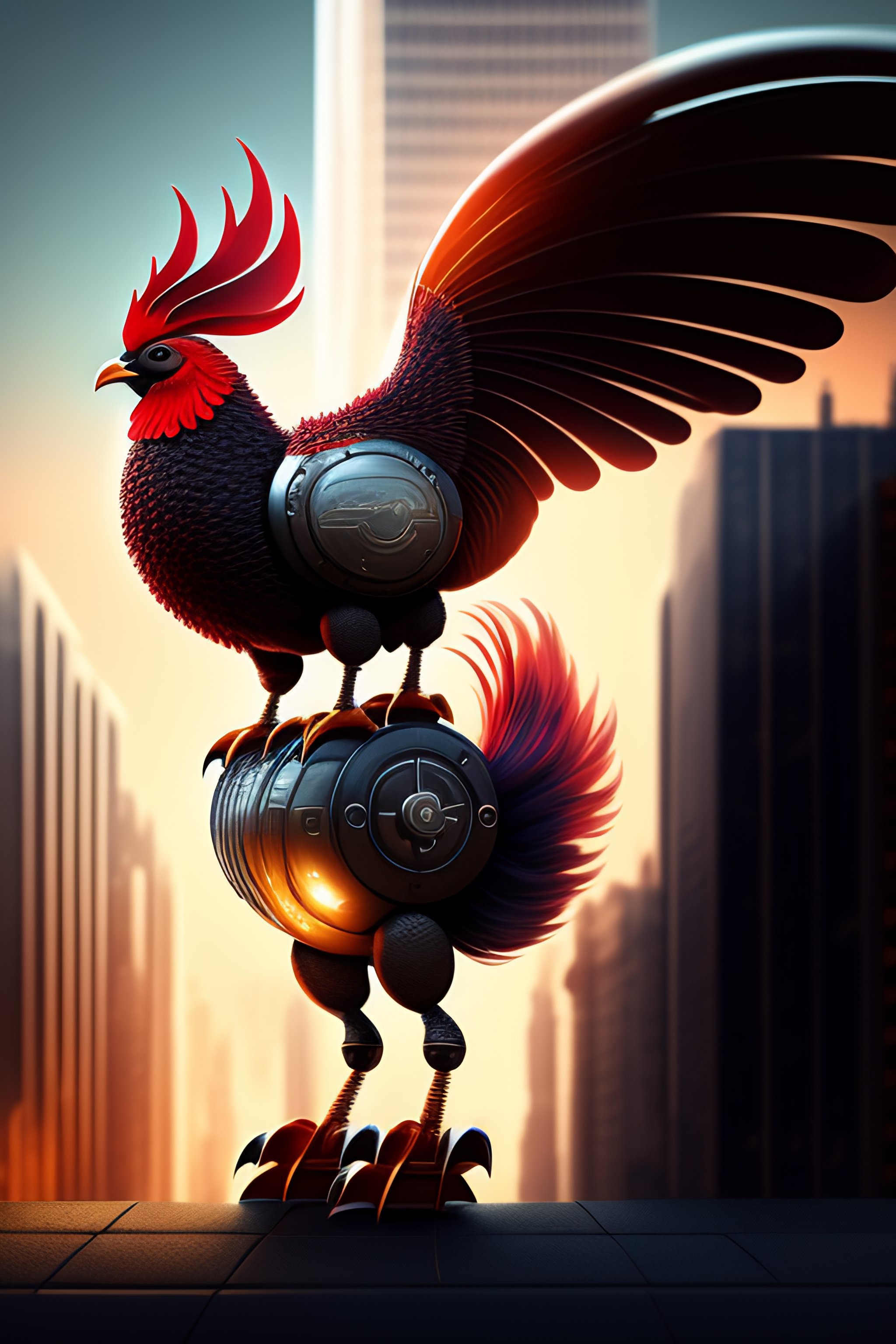 Lexica - A robot rooster destroying a city