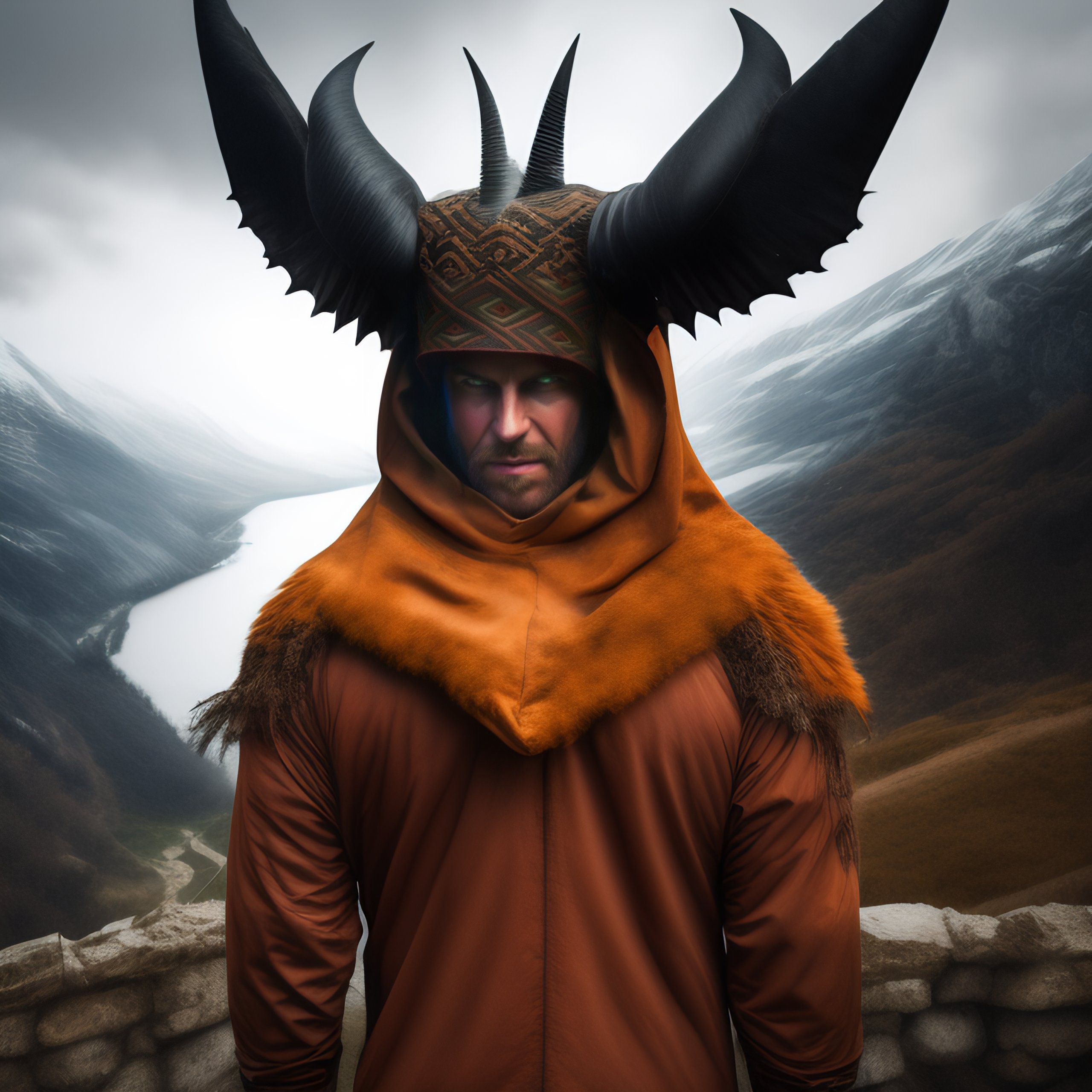 Lexica - Back view Horned Hooded tribal balkan gangster man wearing ...