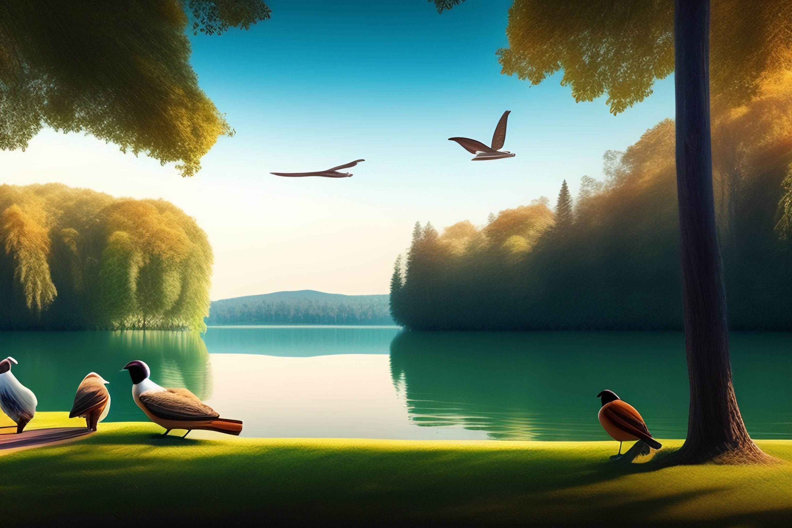 Lexica - Various birds together at lake side, stunning nature view ...