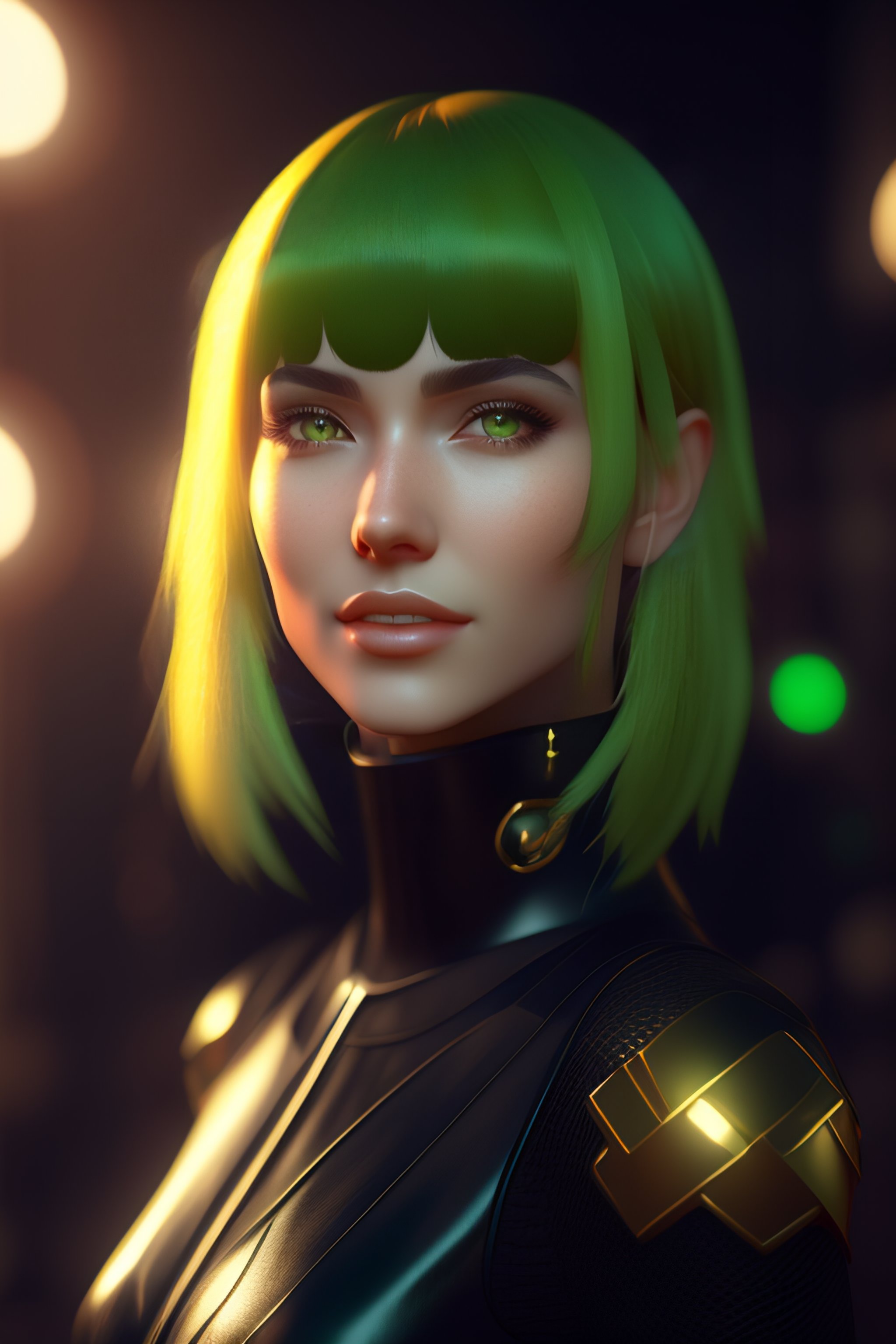 Lexica - Portrait of a short green piecey emo hair girl with flat side ...