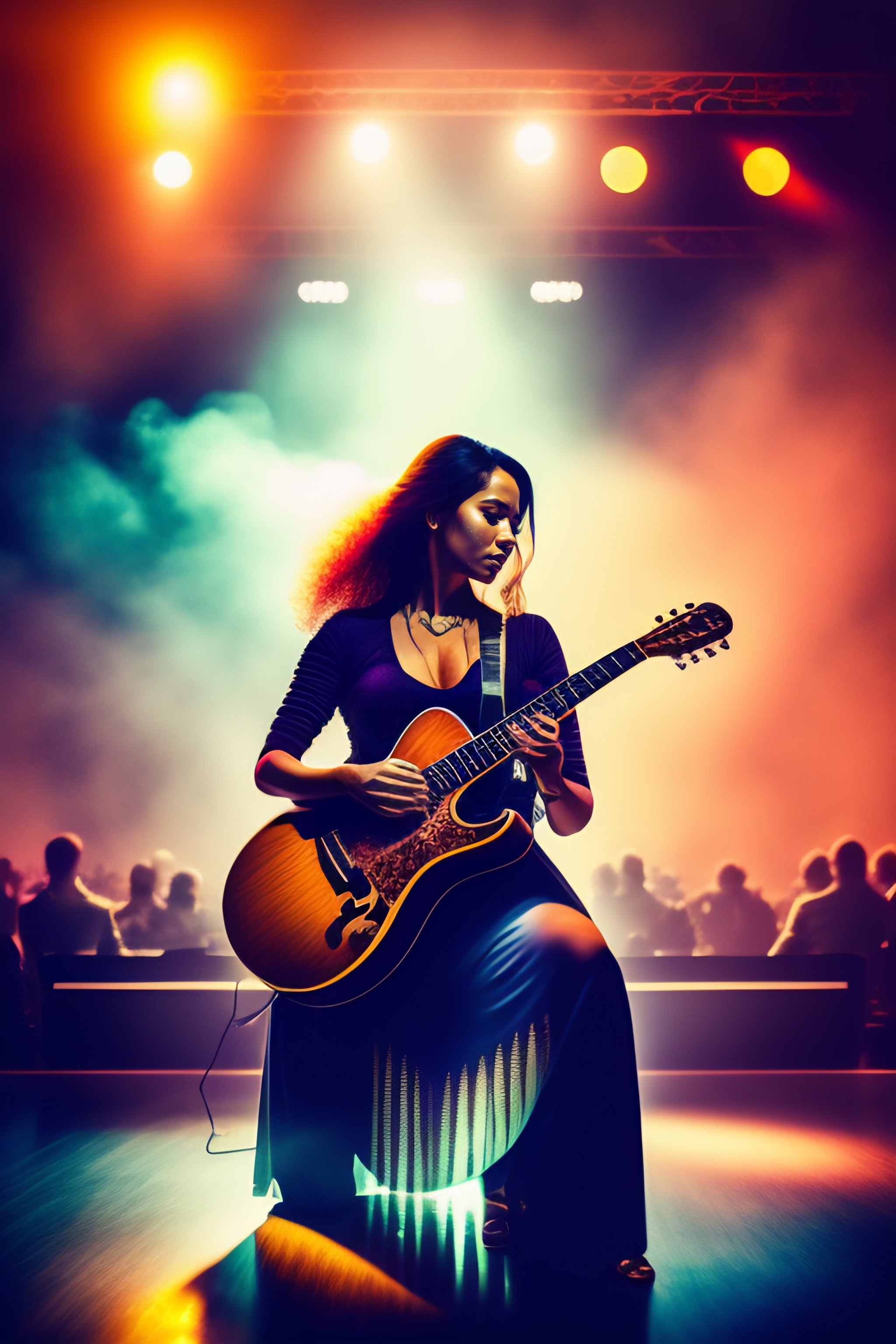 Lexica - Woman playing a guitar on stage, beautiful visual musical ...