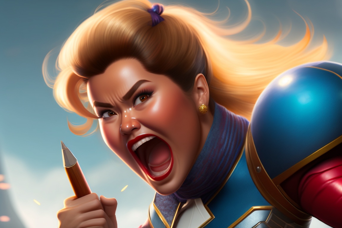 Lexica - A close-up shot of an enraged Karen with her mouth wide open and pointing finger, ready ...