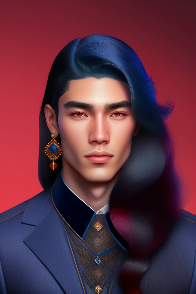 Lexica - A young man with bright red eyes, long dark blue hair at the ...