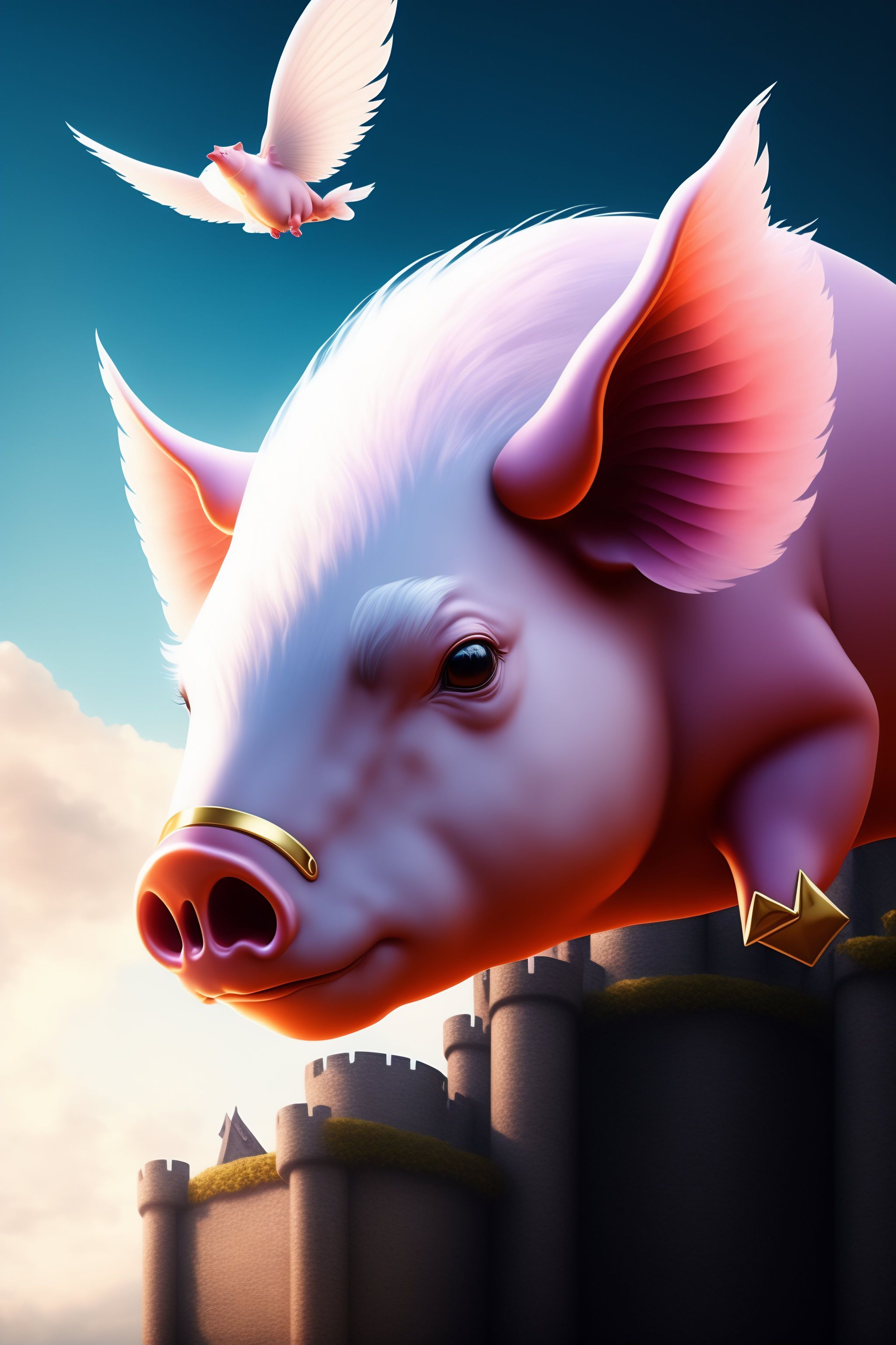 Lexica - A flying pig with two white wings that releases feathers and ...